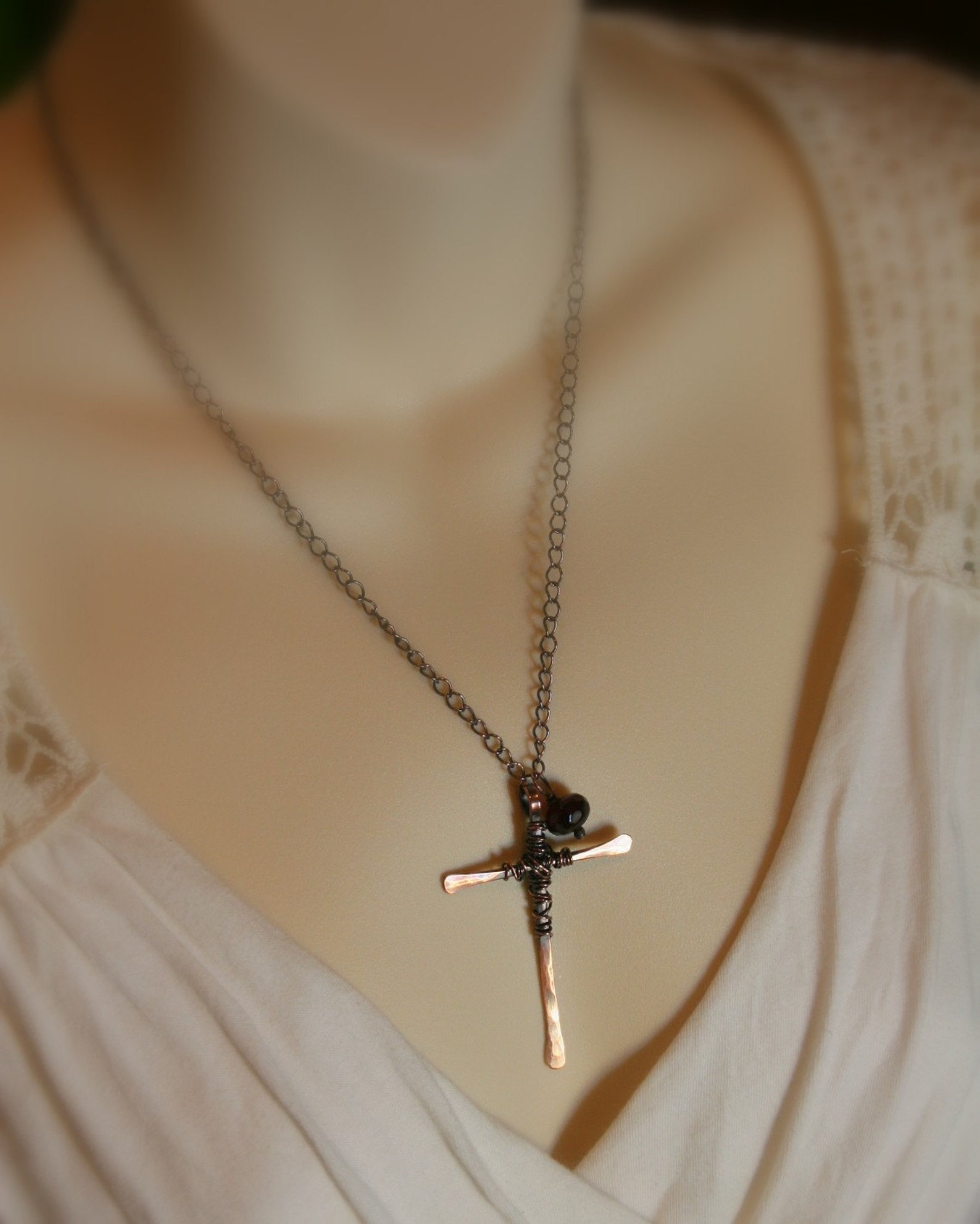 Hammered Copper Cross Pendant With Faceted Garnet Copper - Etsy