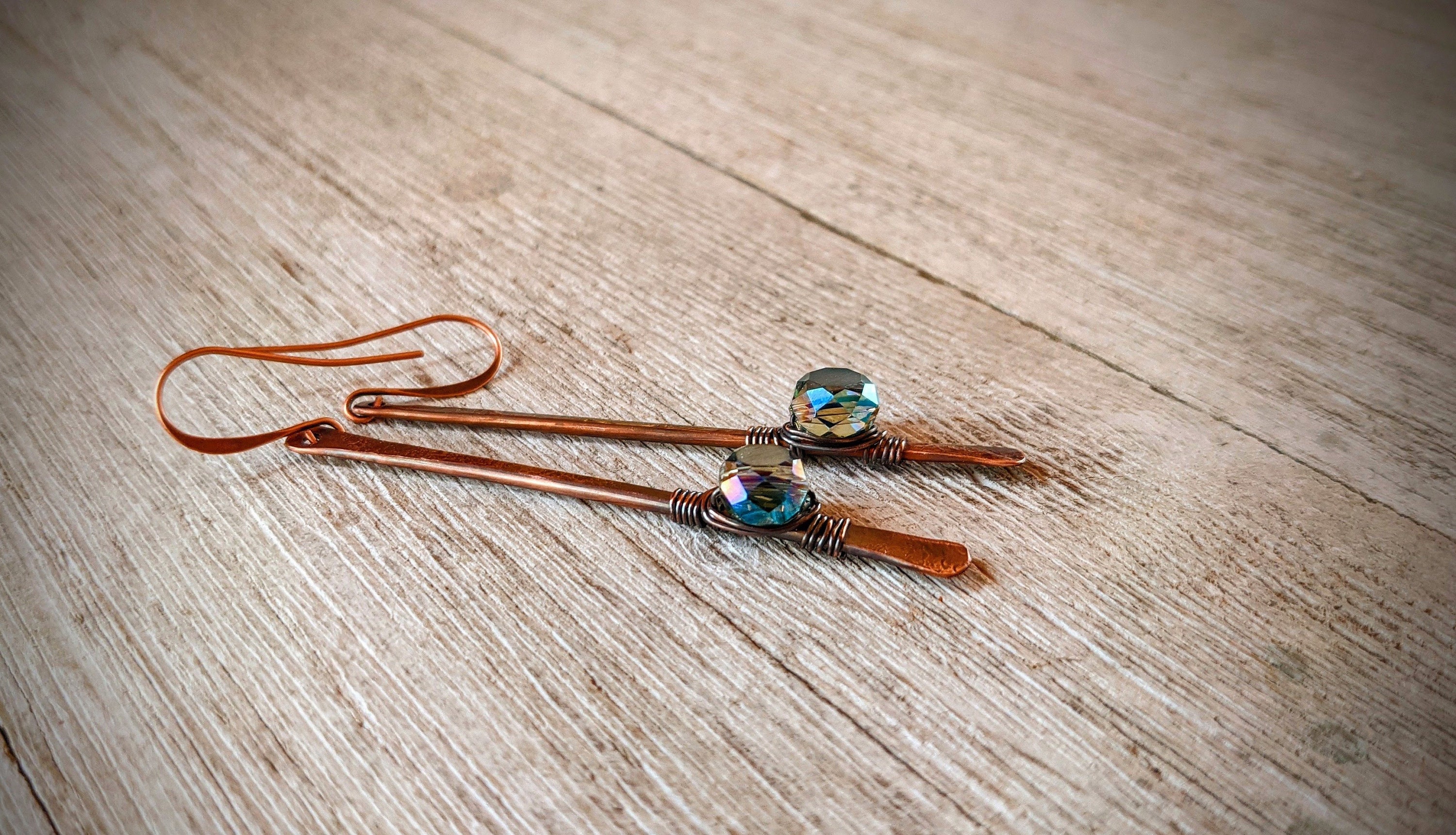 Hammered Copper Sticks With Wire Wrapped Faceted Teal Bead - Etsy UK