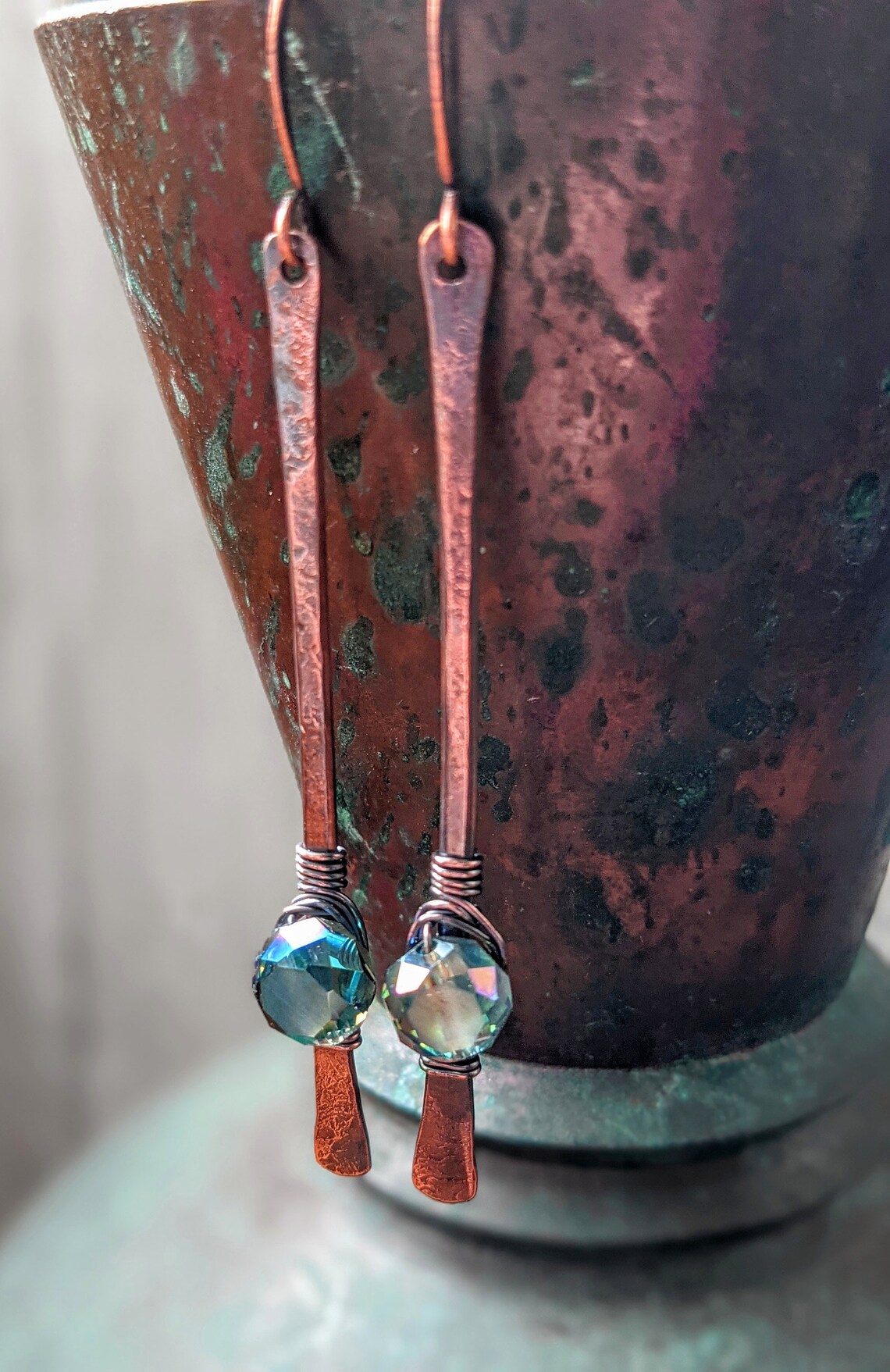 Hammered Copper Sticks With Wire Wrapped Faceted Teal Bead - Etsy UK