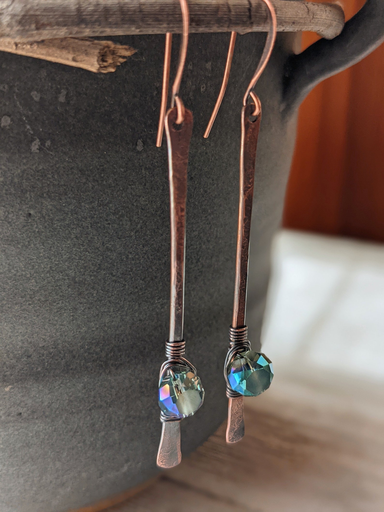 Hammered Copper Sticks With Wire Wrapped Faceted Teal Bead - Etsy UK