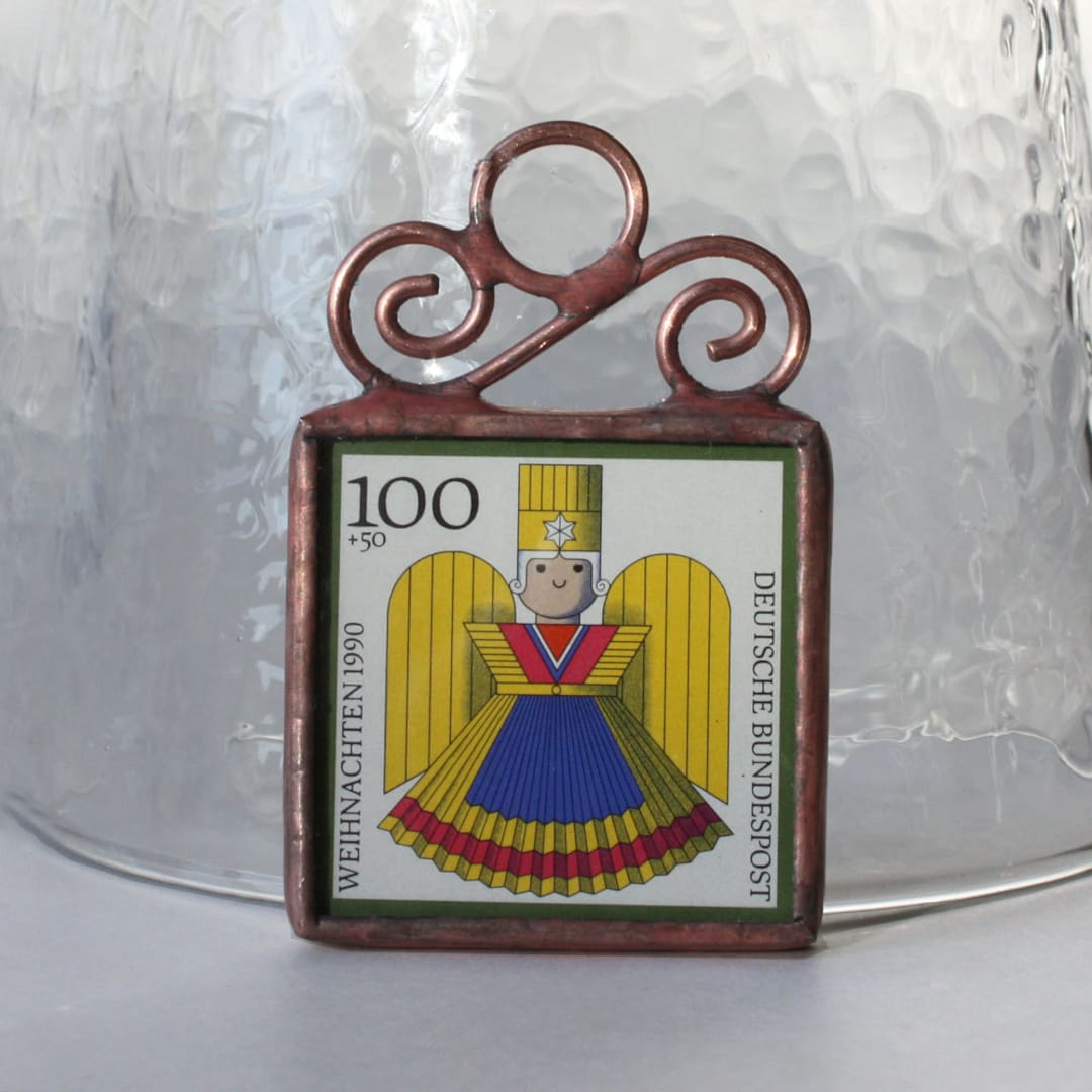 German Postage Stamp Ornament Golden Angel Stained Glass Decoration ...