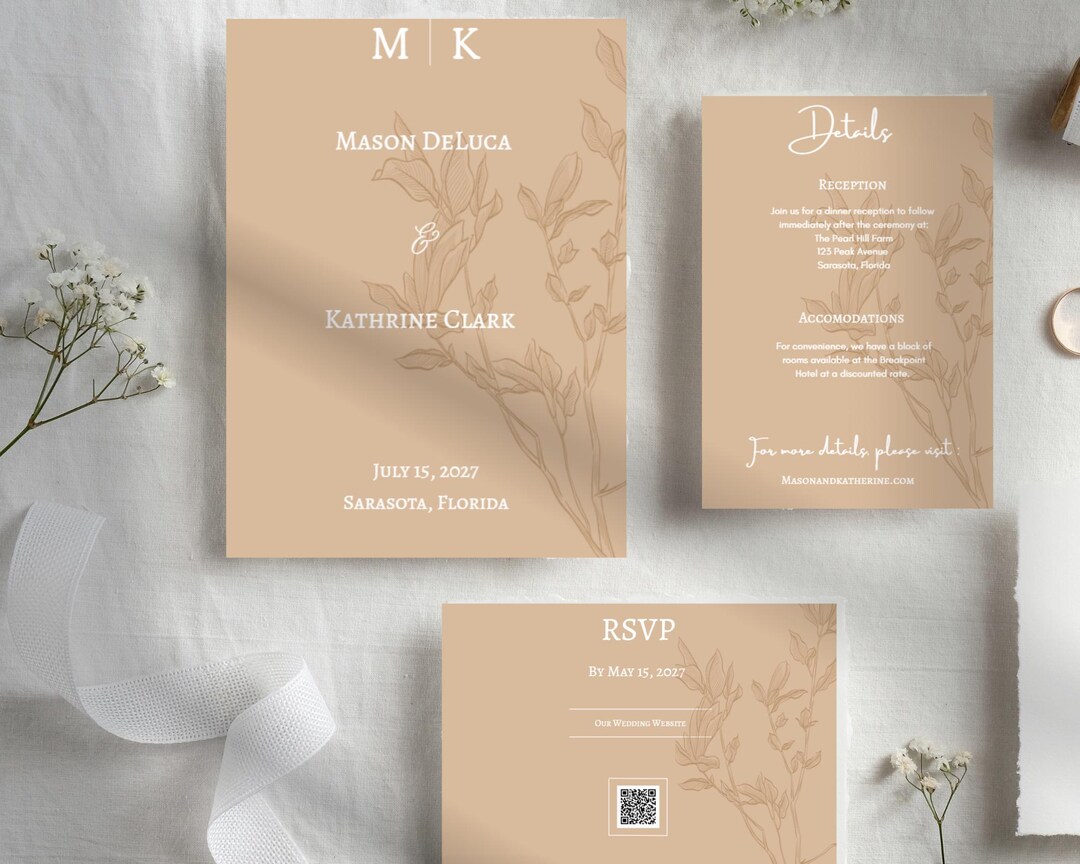 Simple Fall Wedding Invitation Suite With Details Card & RSVP Template ...