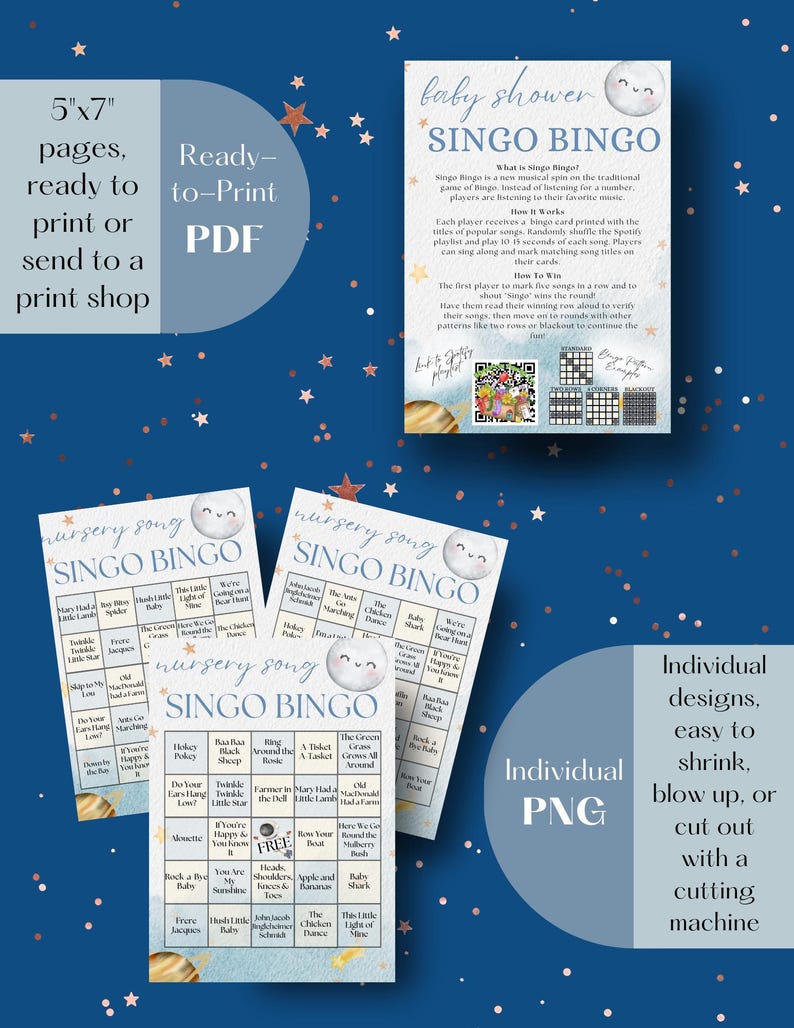 Nursery Song Singo Bingo Baby Shower Game Template, Space Over the Moon ...
