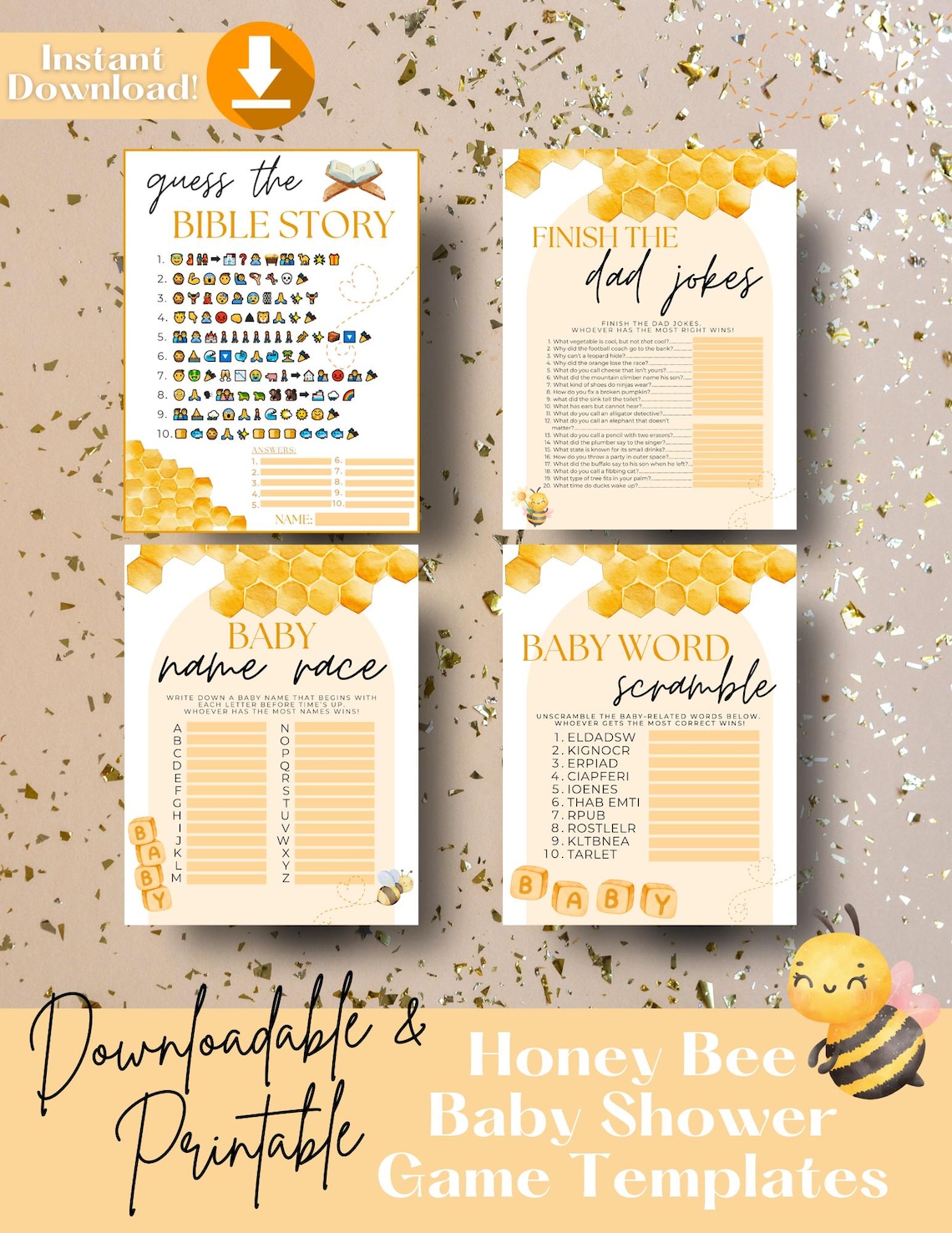 Bee Baby Shower Game Bundle Templates, Honeycomb Baby Shower Game Set ...