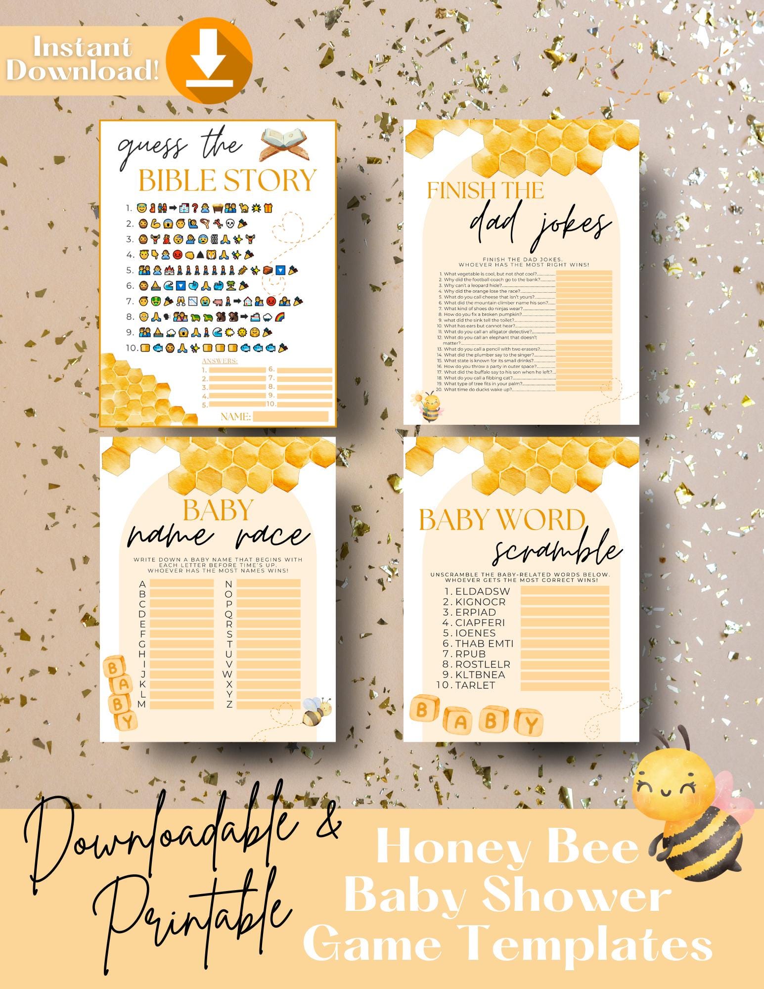 Bee Baby Shower Game Bundle Templates, Honeycomb Baby Shower Game Set ...