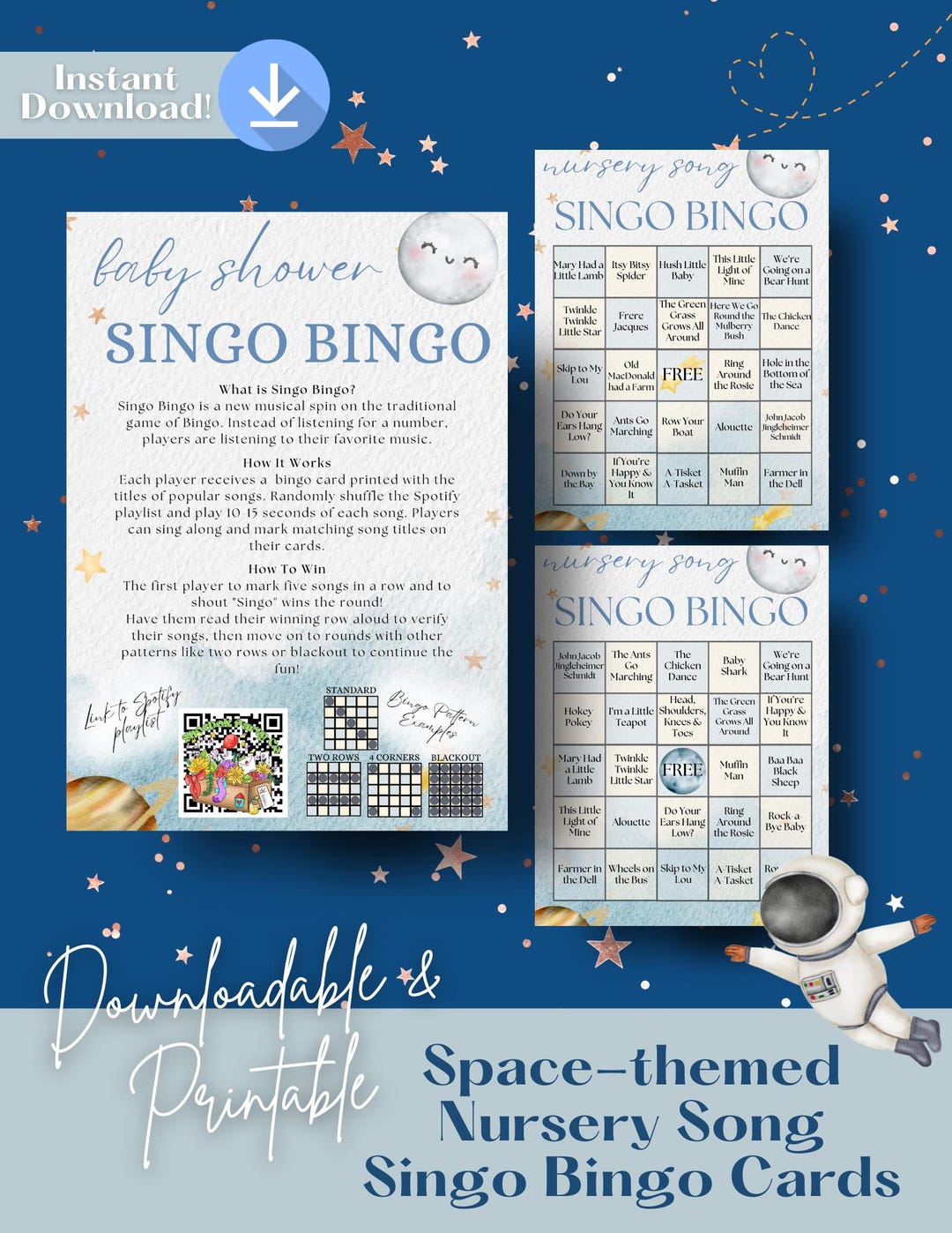 Nursery Song Singo Bingo Baby Shower Game Template, Space Over the Moon ...