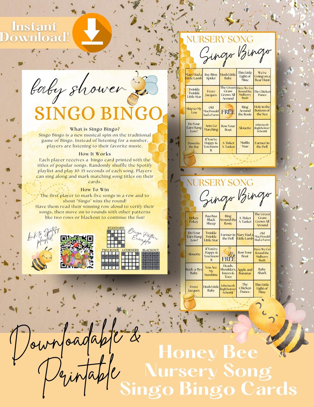 Nursery Song Singo Bingo Baby Shower Game Template, Honey Bee Singo ...