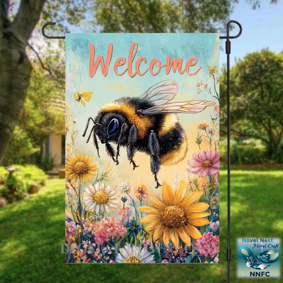 Welcome Bumblebee Garden Flag PNG | Floral Bee Garden Flag Template ...