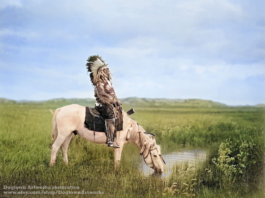Red Hawk Photograph: Oglala Sioux Chief on Horseback - Restored Vintage ...