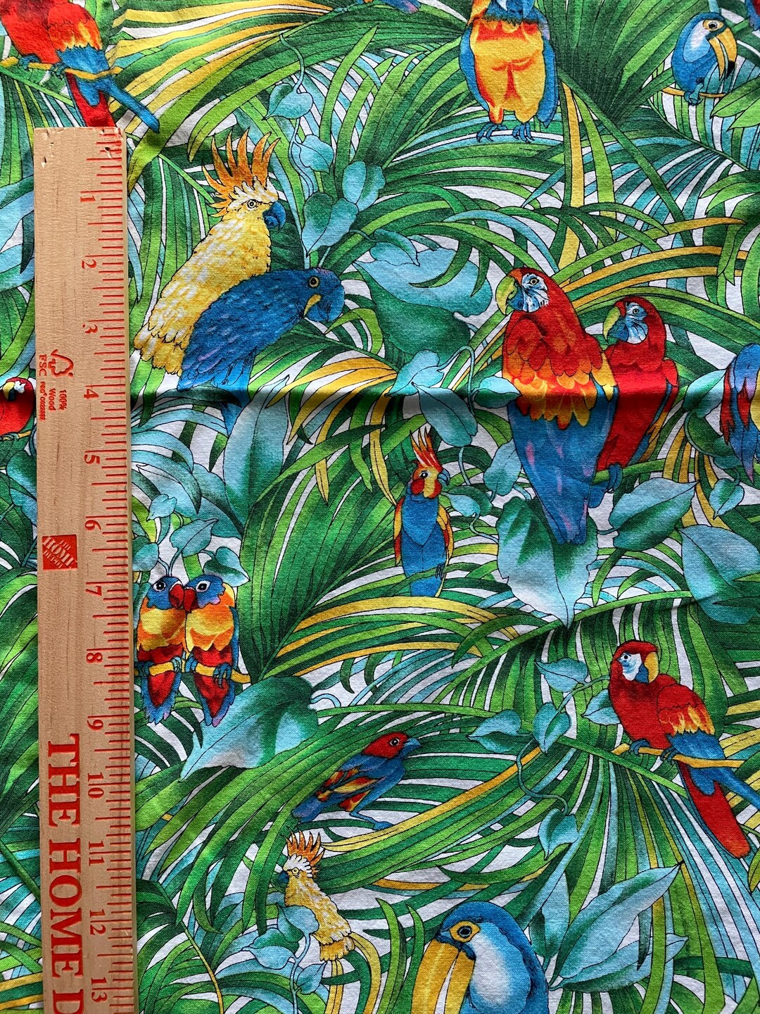 Vintage Texstyle Textiles Screen Print Parrots in the Rainforest Fabric ...