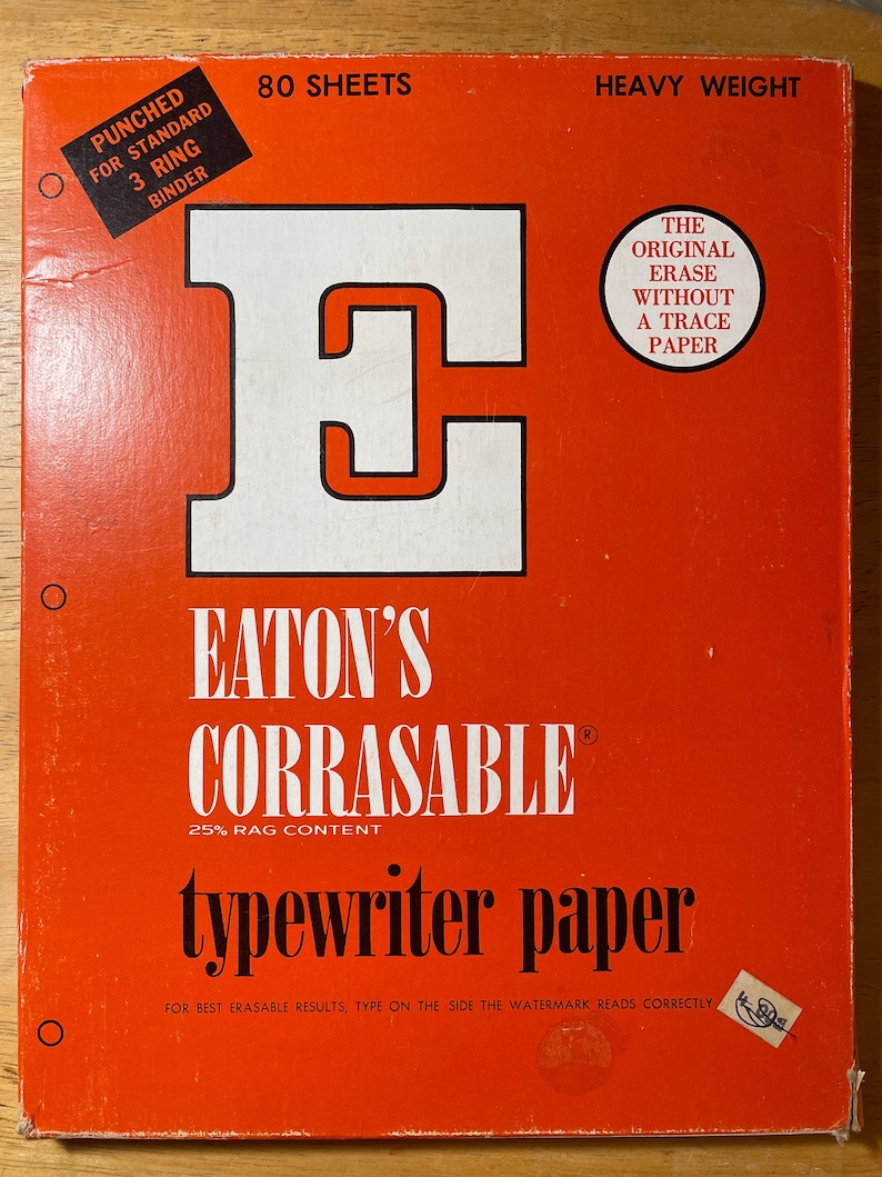 Eaton's Corrasable Typewriter Paper 25% Rag Content Heavy Weight Hole ...