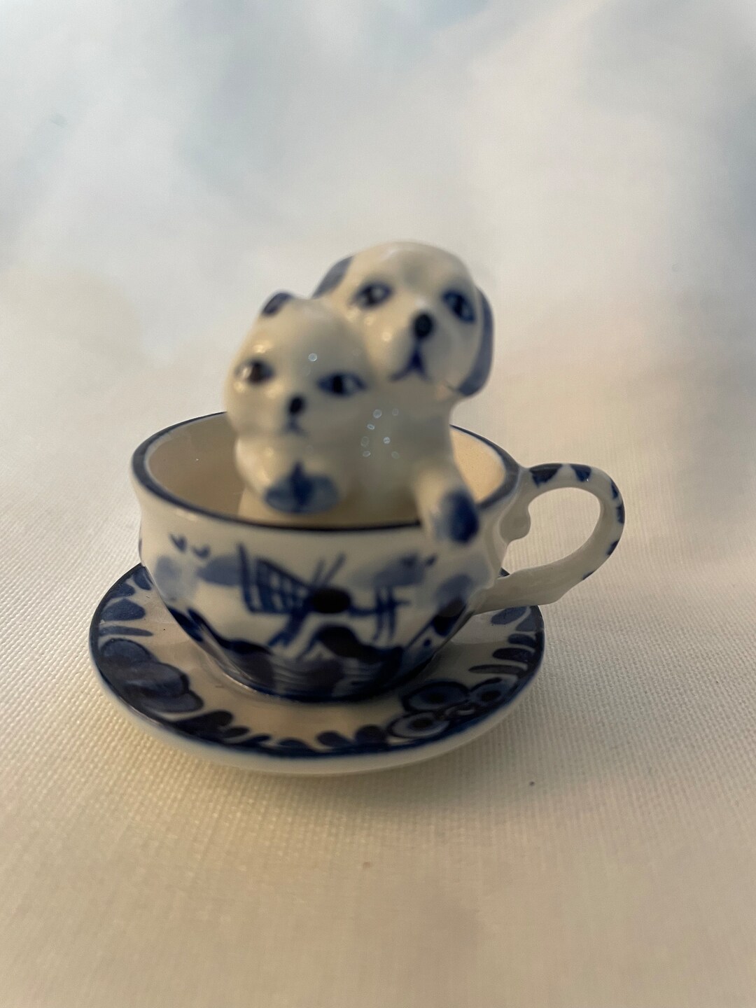 Vintage Small Blue and White Delft China Mini Tabletop Figurine Puppy ...