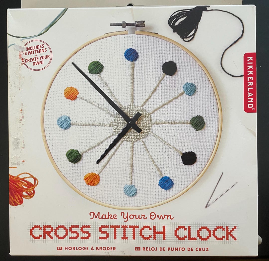 Kikkerland Make Your Own Cross Stitch Clock Kit Aida Embroidery Thread ...