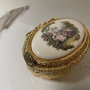 Vintage Baroque Style Gold Tone Metal Musical Jewelry Box With Enameled ...