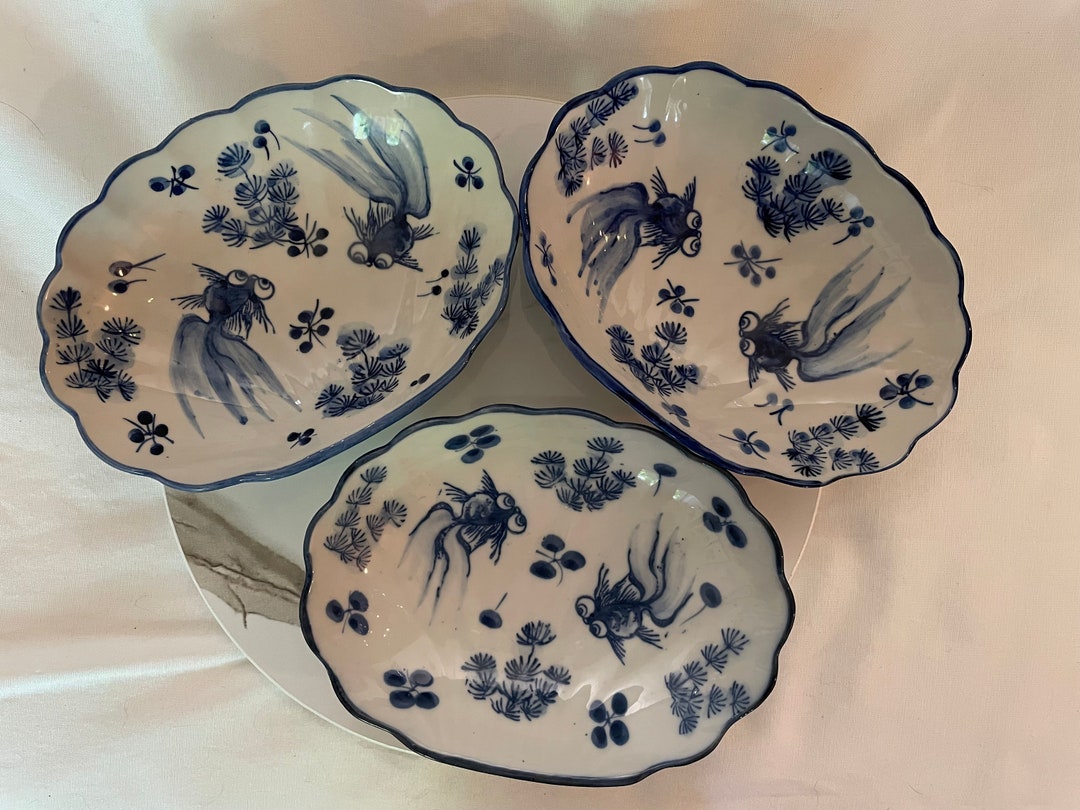 Vintage Ceramic Scallop Shell Serving Bowl Cobalt Blue Hand Painted Koi ...