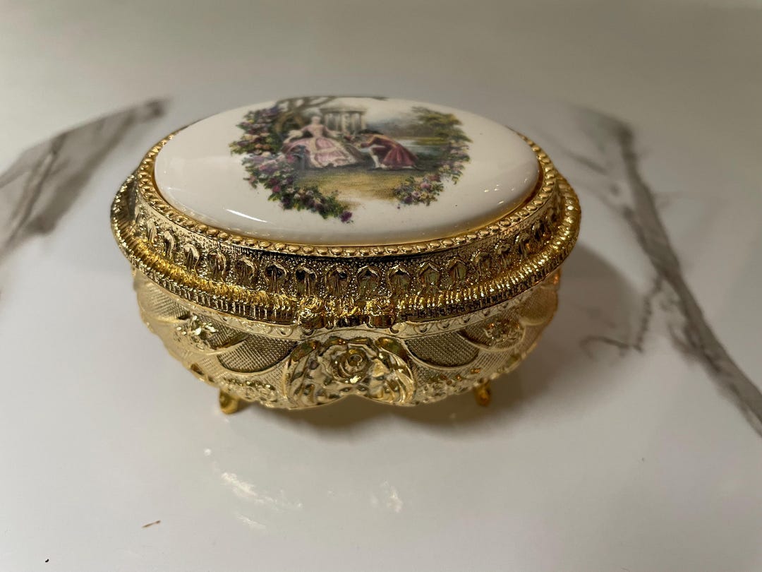 Vintage Baroque Style Gold Tone Metal Musical Jewelry Box With Enameled ...