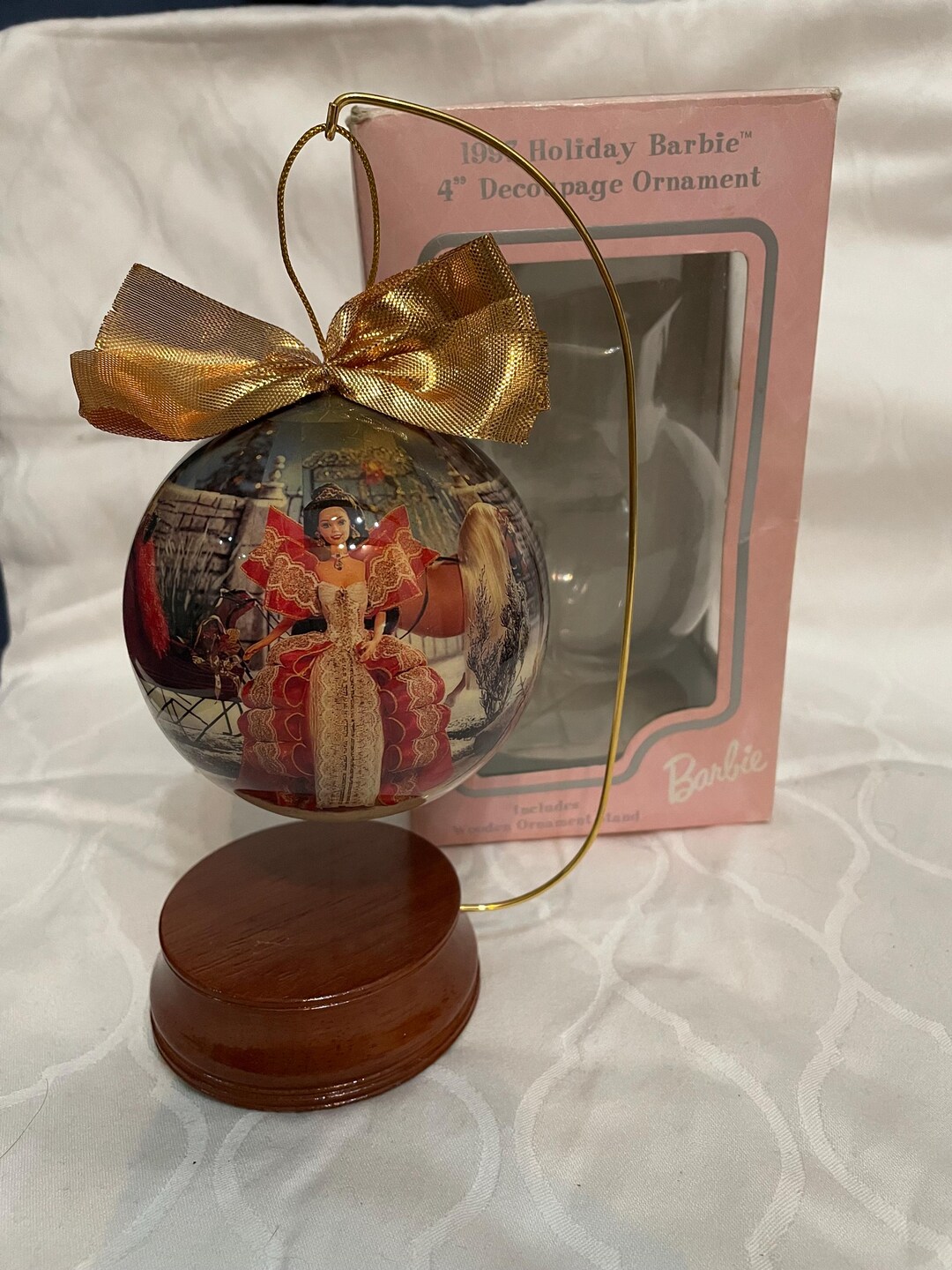Vintage 1997 1990s Barbie 4" Decoupage Ornament With Wooden Stand ...