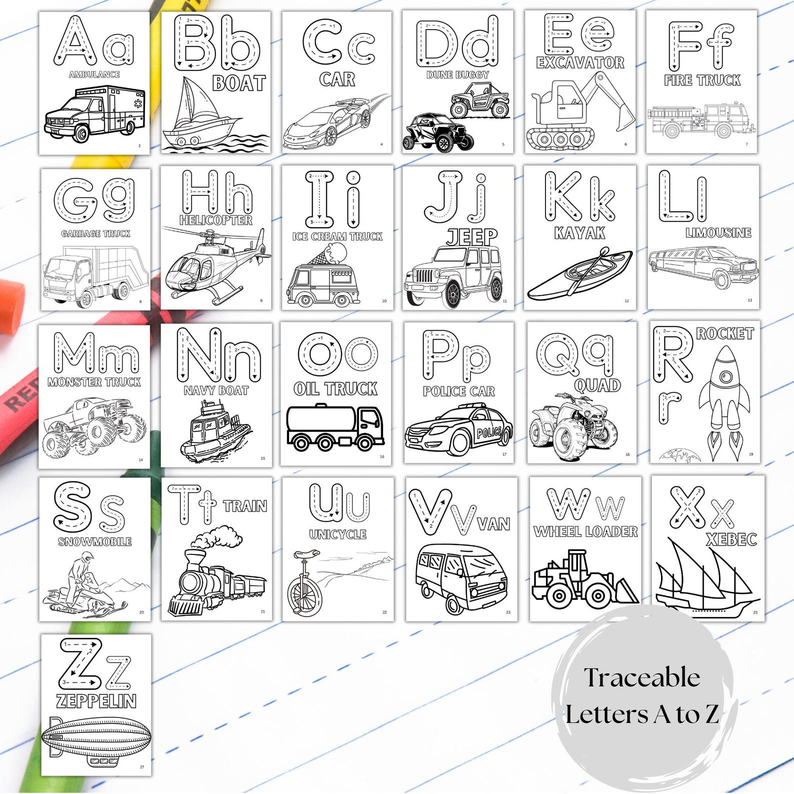 ABC Vehicles Coloring Book: Traceable Alphabet Letters (PDF Pattern) - Etsy