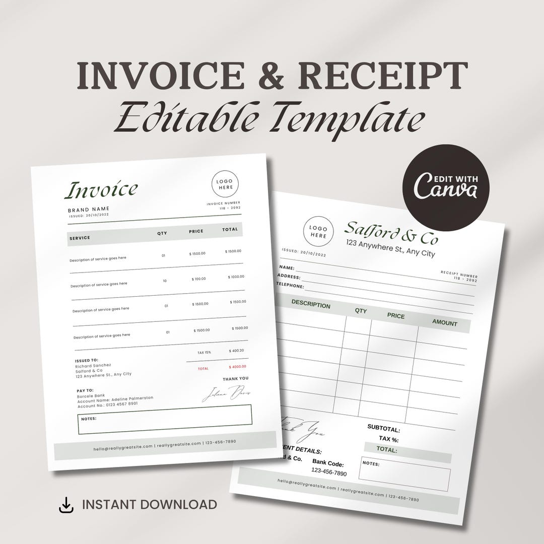 Editable Invoice & Receipt Canva Template Bundle | Invoice Template ...