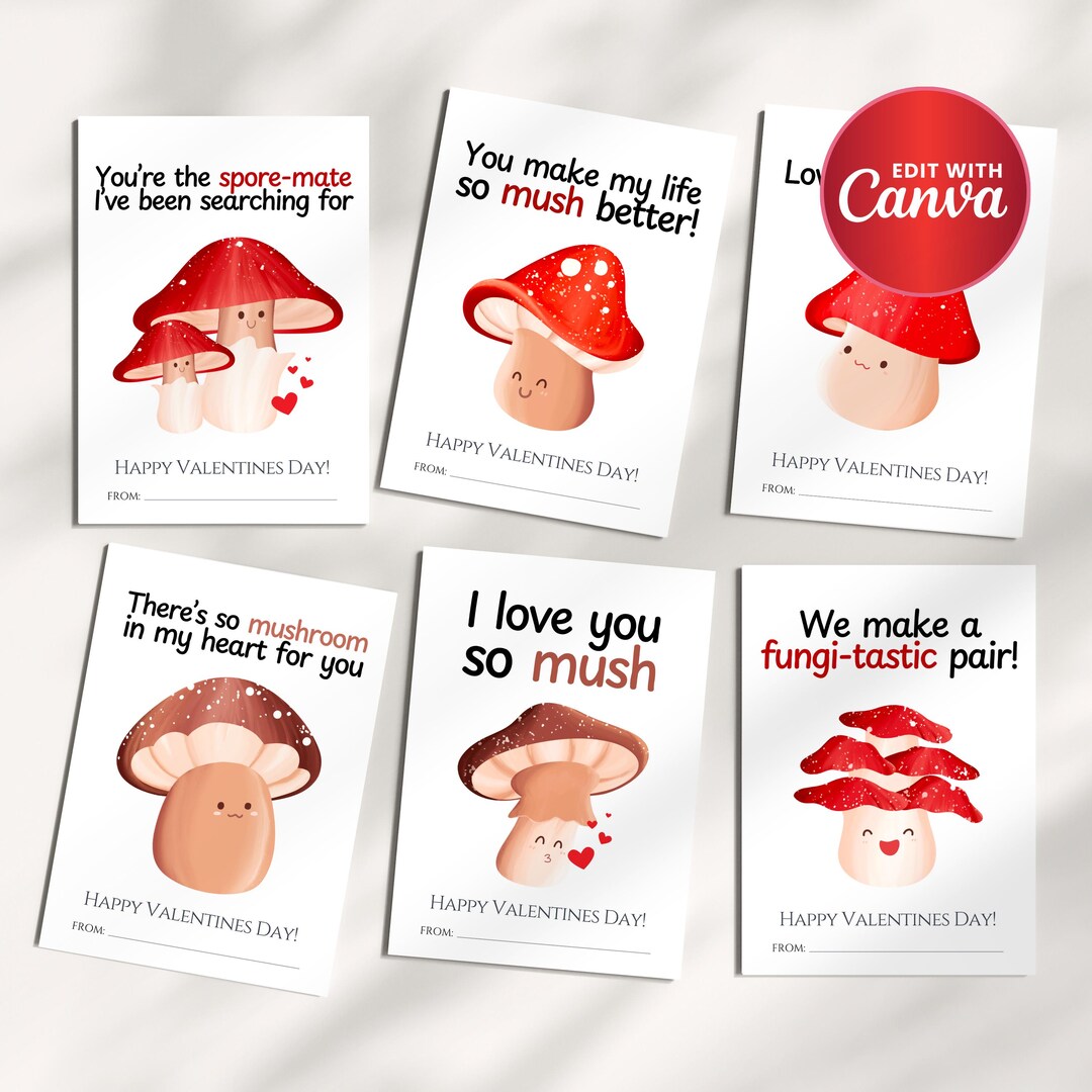 Editable, Printable Mushroom Valentine's Day Cards, Valentine's Gift ...
