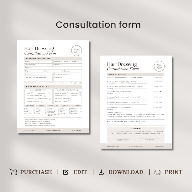 Hairdressing Client Intake Forms Bundle, Editable Hairstyling Informed ...