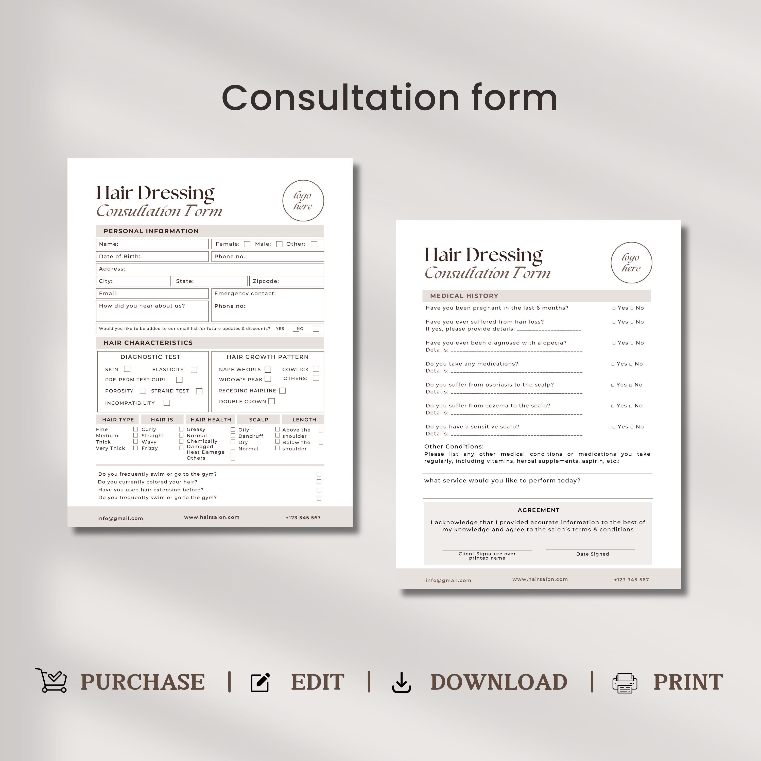 Hairdressing Client Intake Forms Bundle, Editable Hairstyling Informed ...