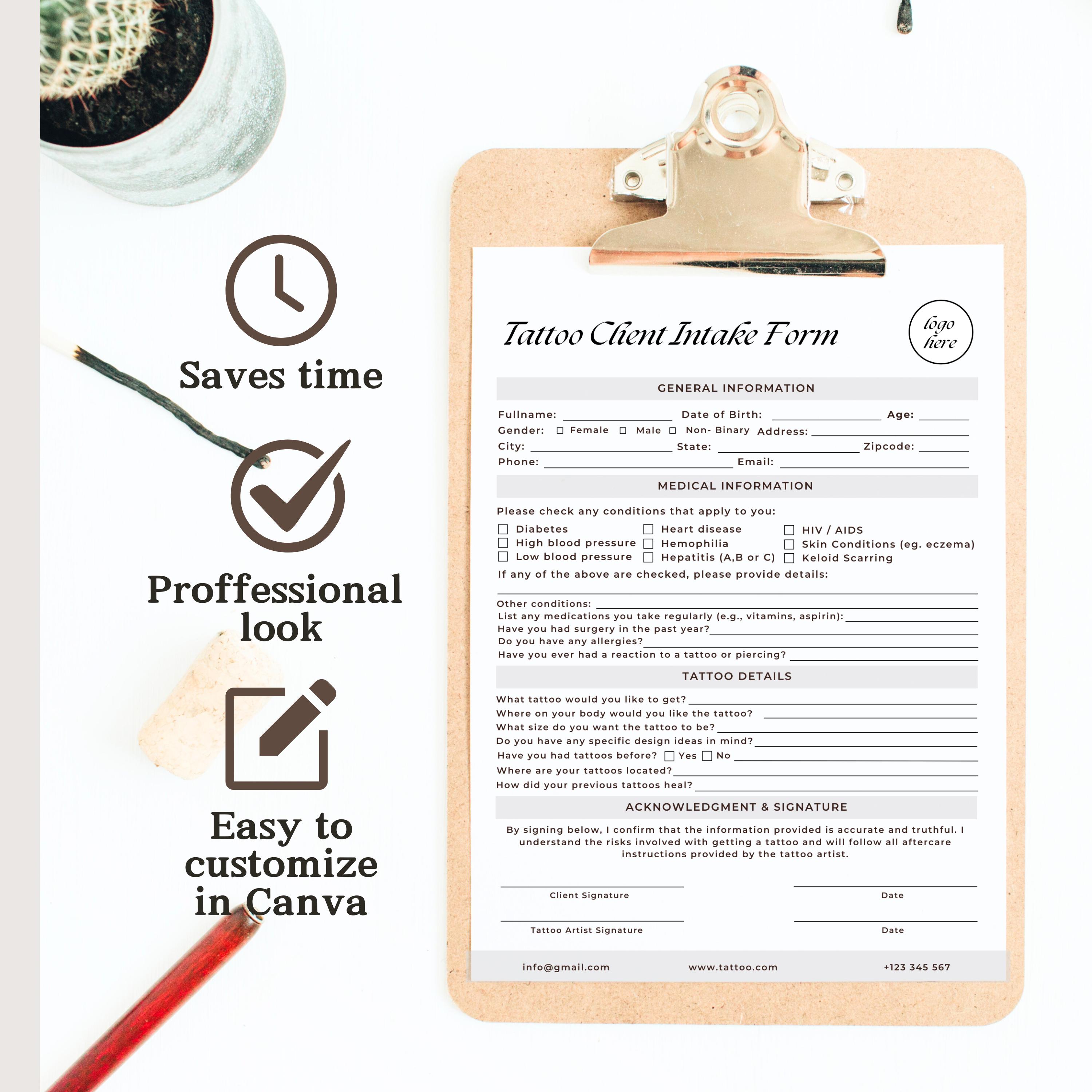 Tattoo Artist Forms Bundle - Editable, Tattoo Consent Form, Tattoo ...