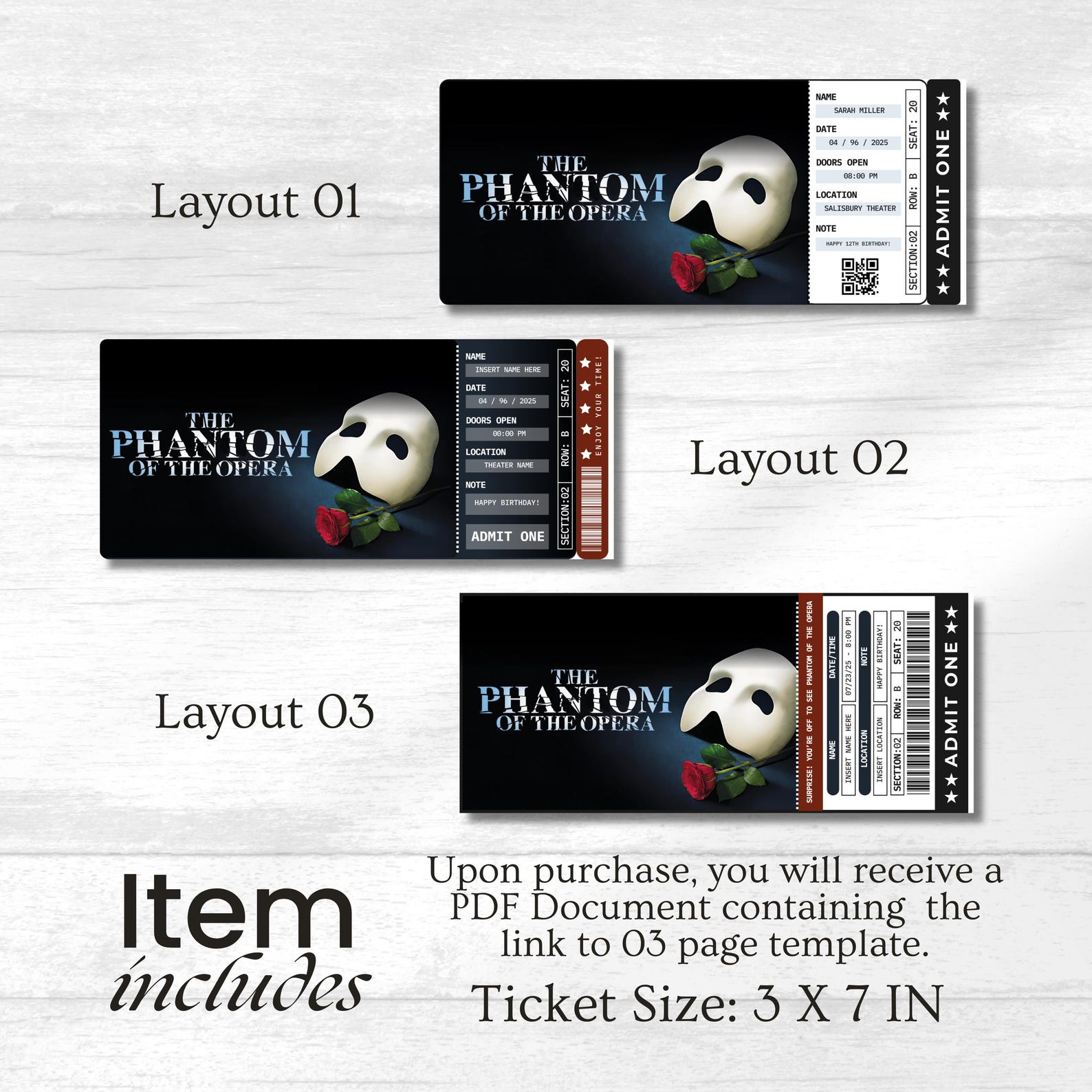 Printable PHANTOM of the OPERA Broadway Surprise Ticket. Editable Musical Theatre Faux Event ...