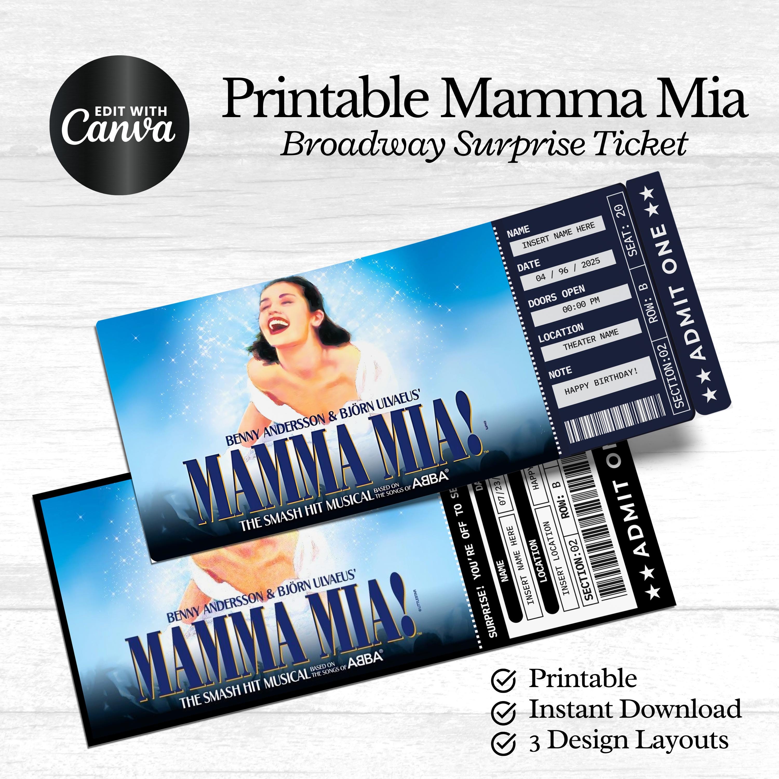 Printable Mamma Mia Broadway Surprise Ticket, Mamma Mia Musical Collectible Theater Ticket ...