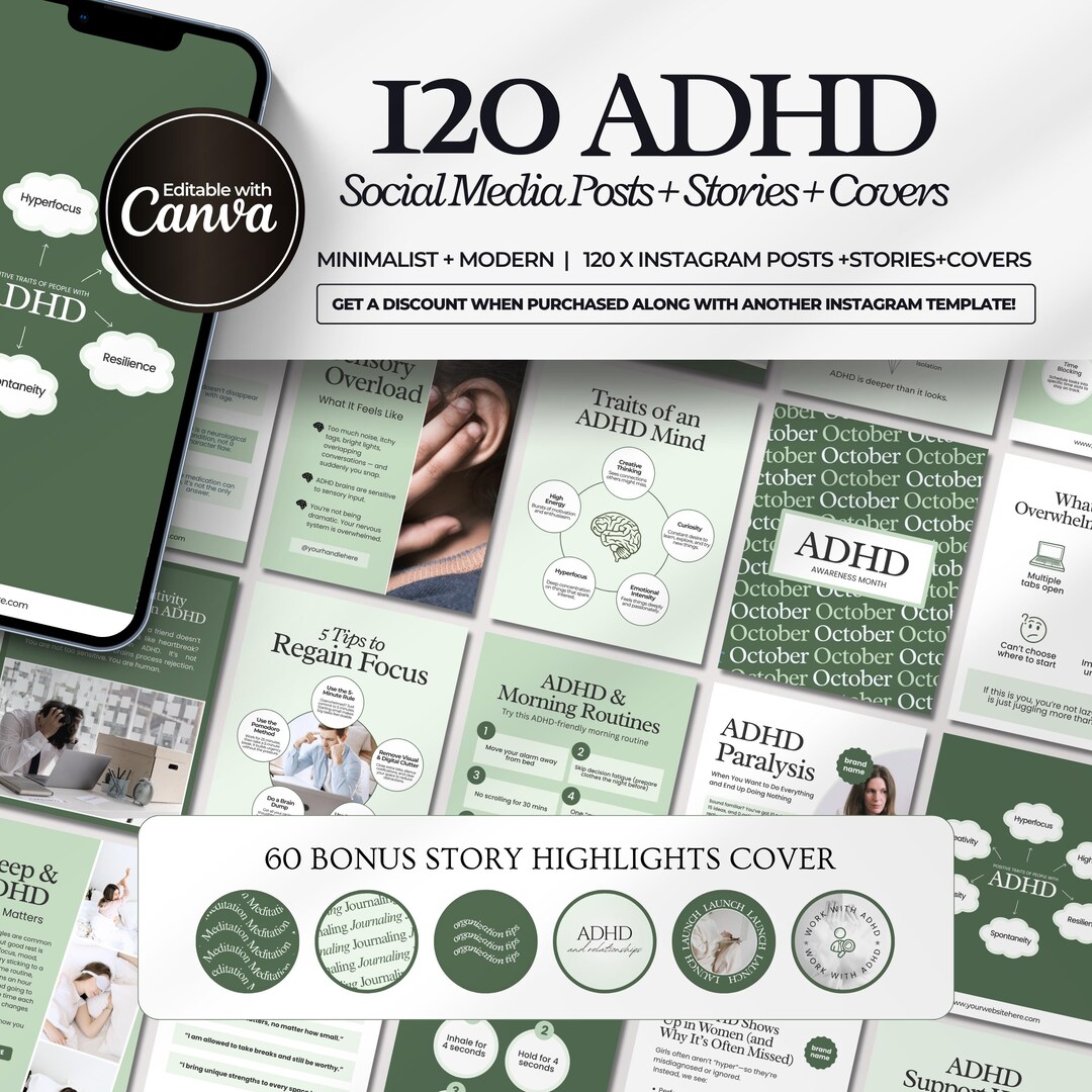 120 ADHD Instagram Canva Templates, Mental Health Coaching ...
