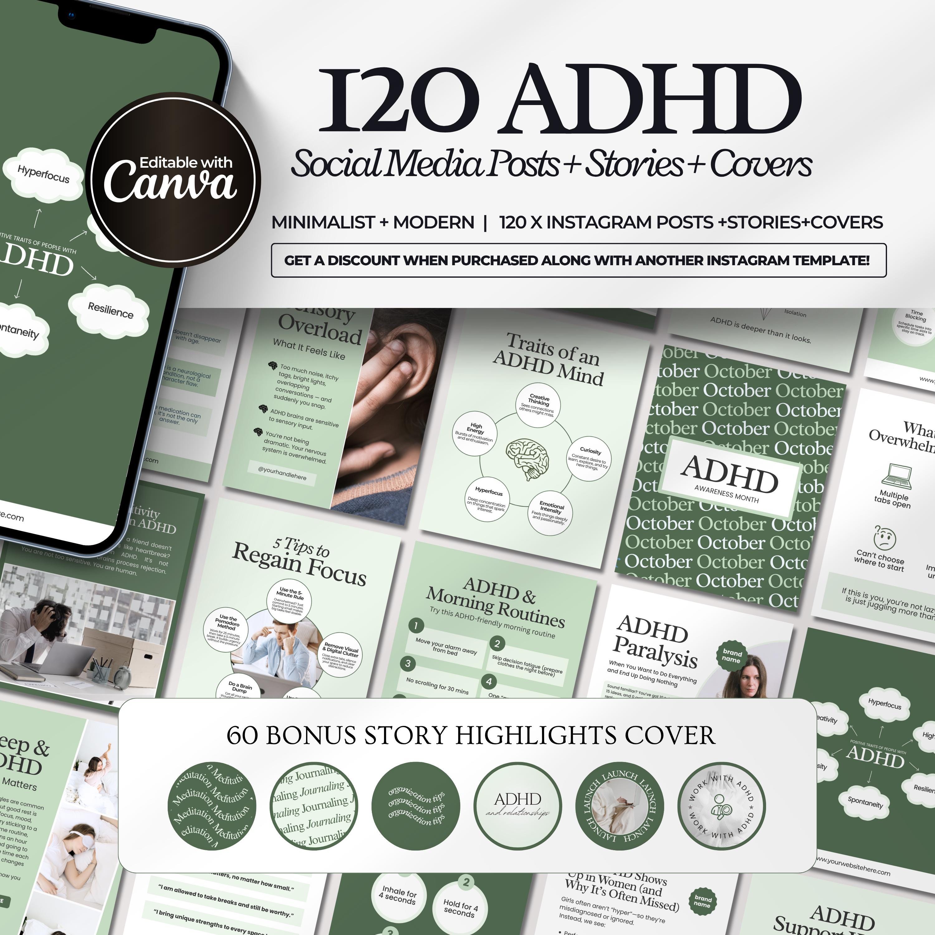 120 ADHD Instagram Canva Templates, Mental Health Coaching ...