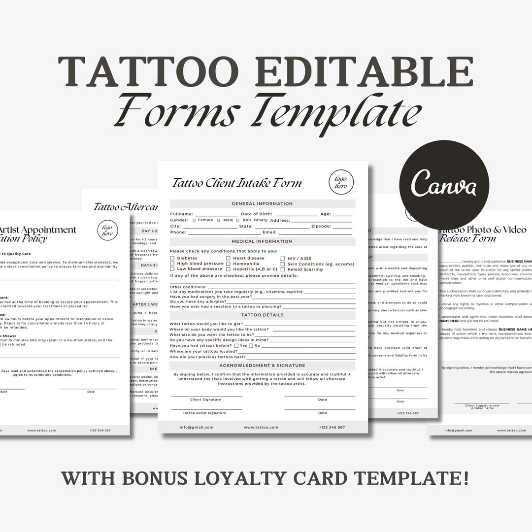 Tattoo Artist Forms Bundle - Editable, Tattoo Consent Form, Tattoo ...