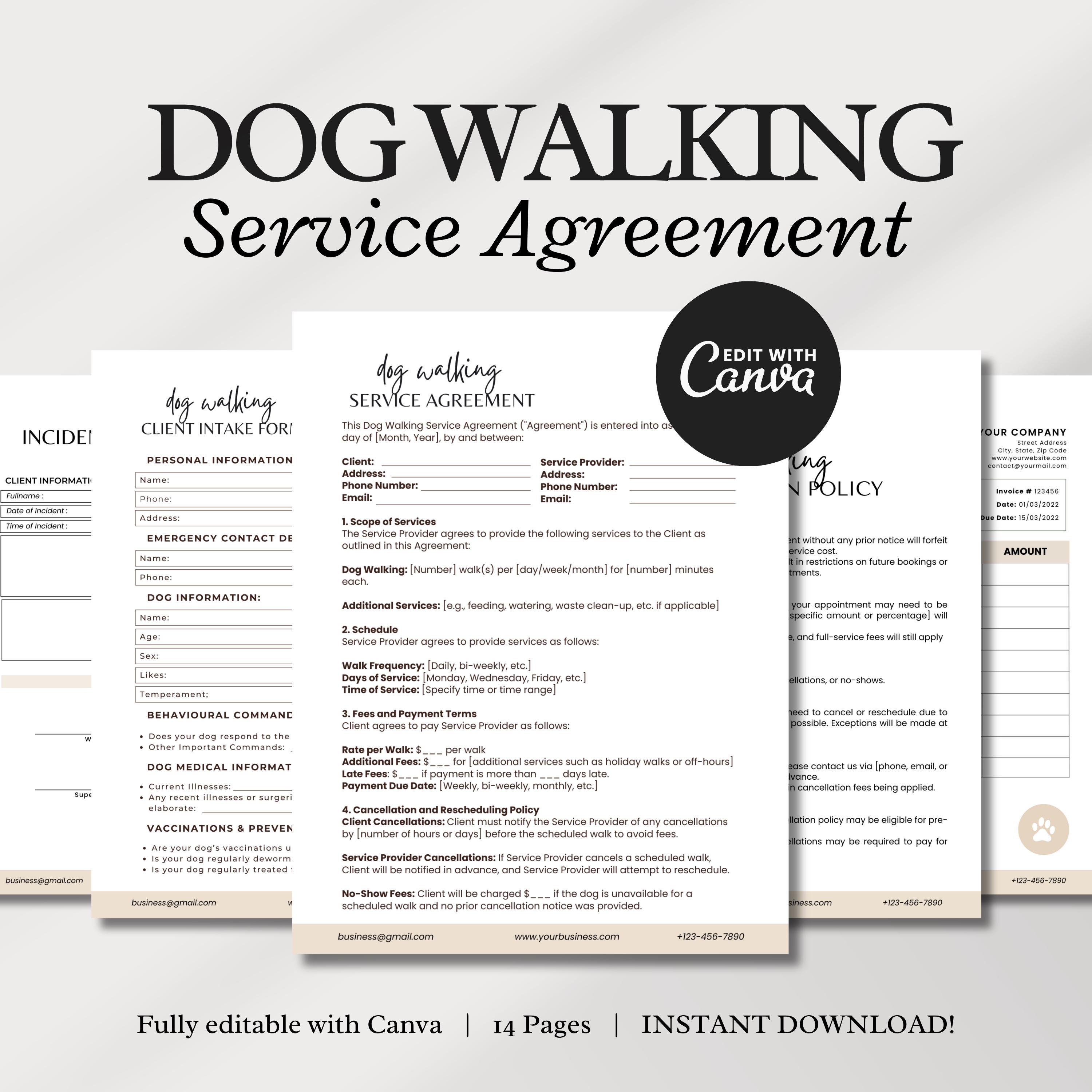 Dog Walking Service Agreement/contract Template, Editable Pet Sitting ...