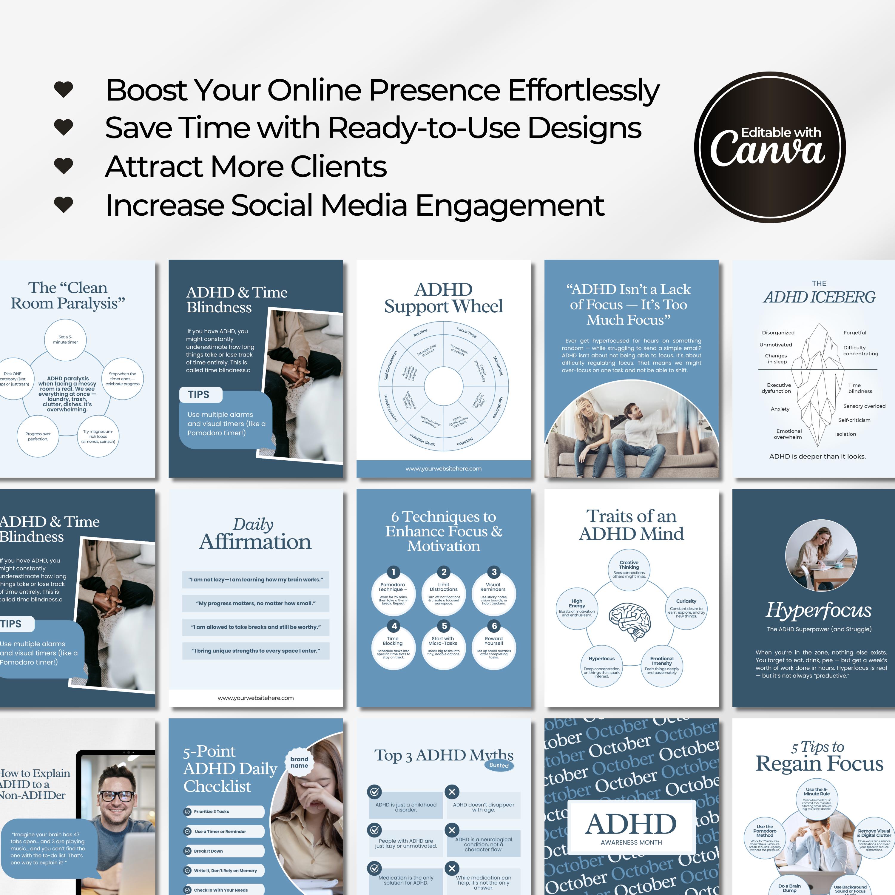 120 ADHD Instagram Canva Templates, Mental Health Coaching ...