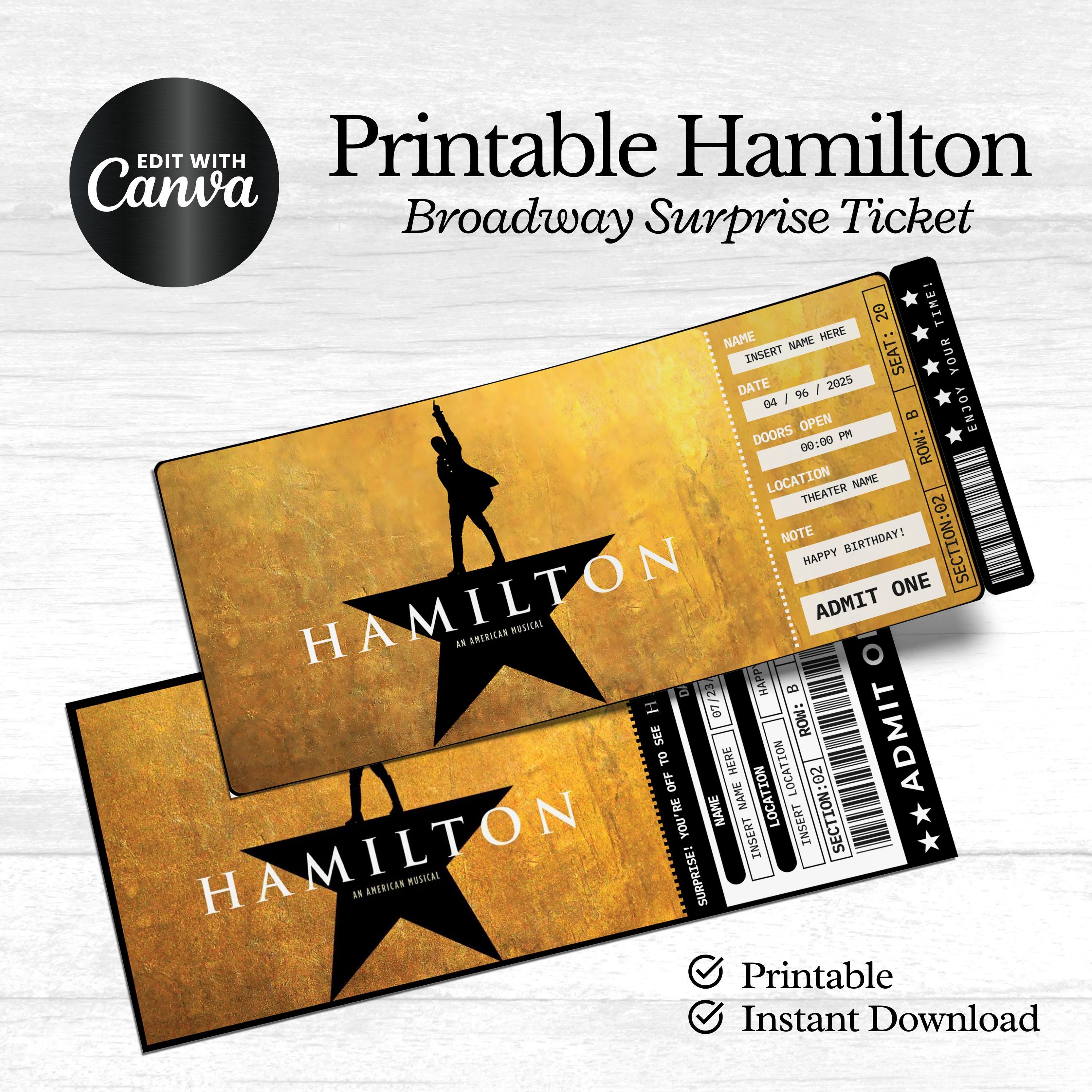 Printable Hamilton Broadway Surprise Ticket, Hamilton the Musical ...