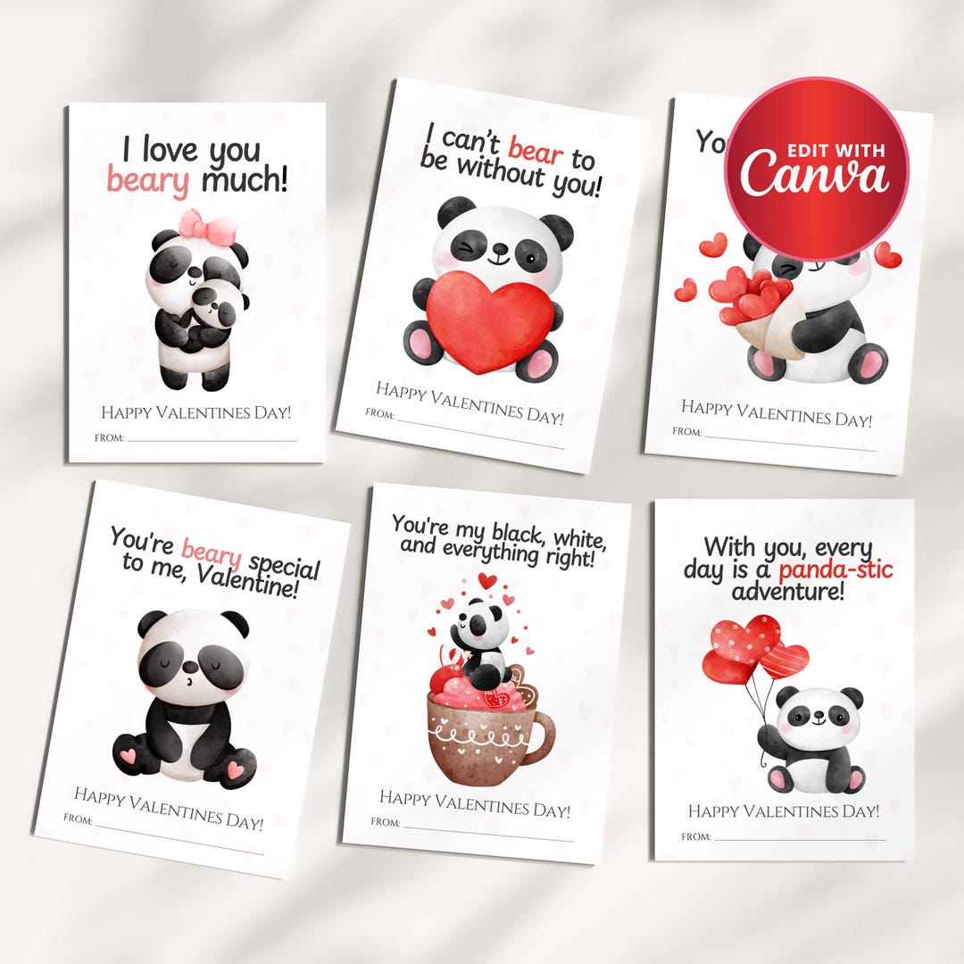 Editable, Printable Panda Valentine's Day Cards, Valentine's Gift Tags ...