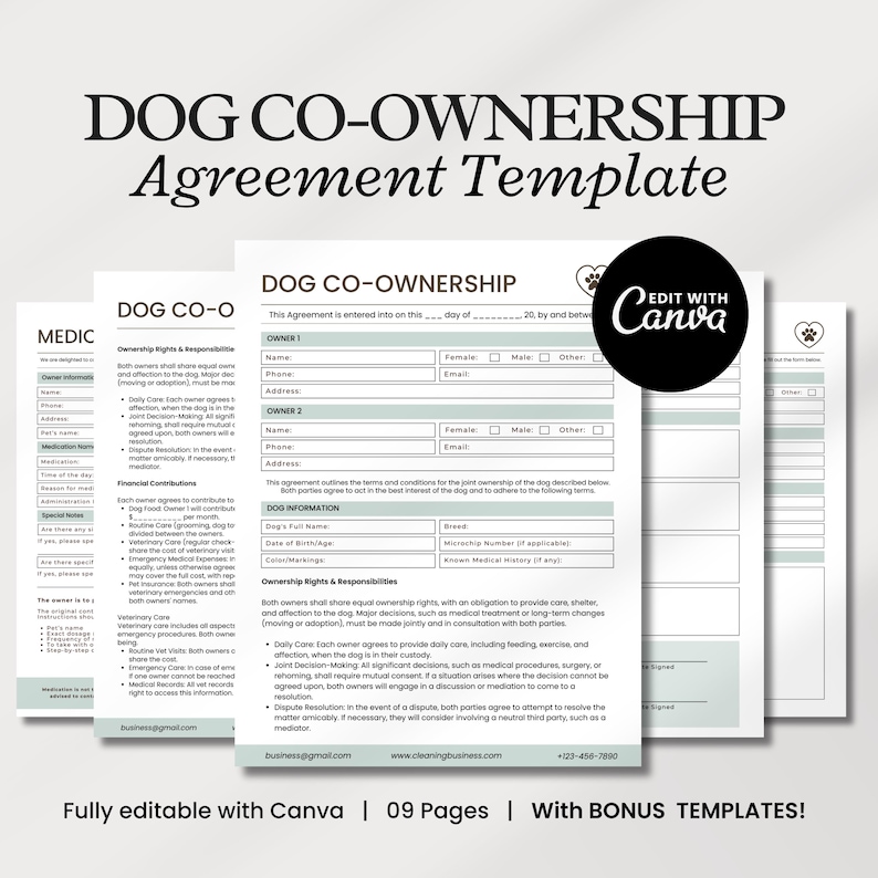 Dog Co-ownership Agreement Template, Editable Dog Shared Custody ...