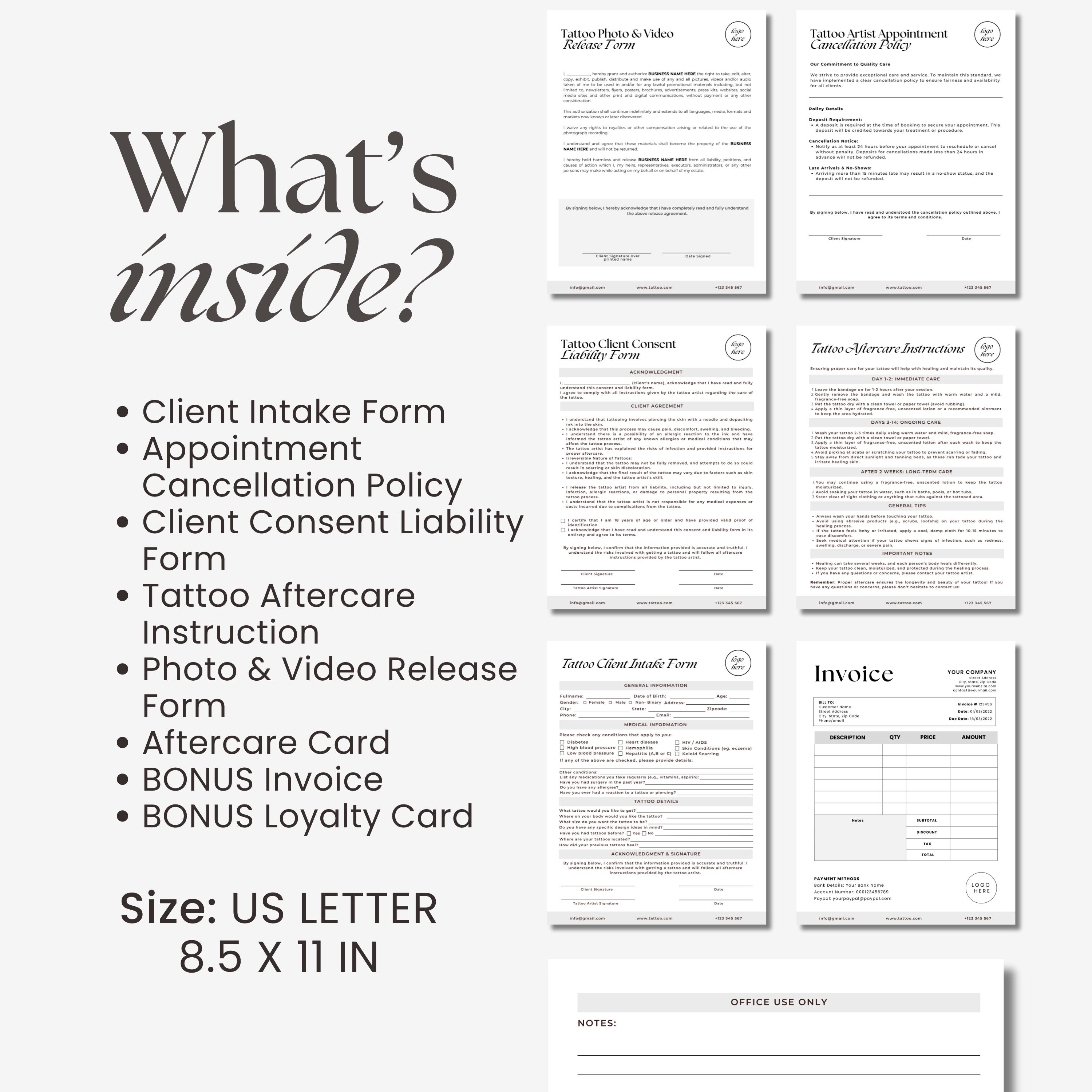 Tattoo Artist Forms Bundle - Editable, Tattoo Consent Form, Tattoo ...