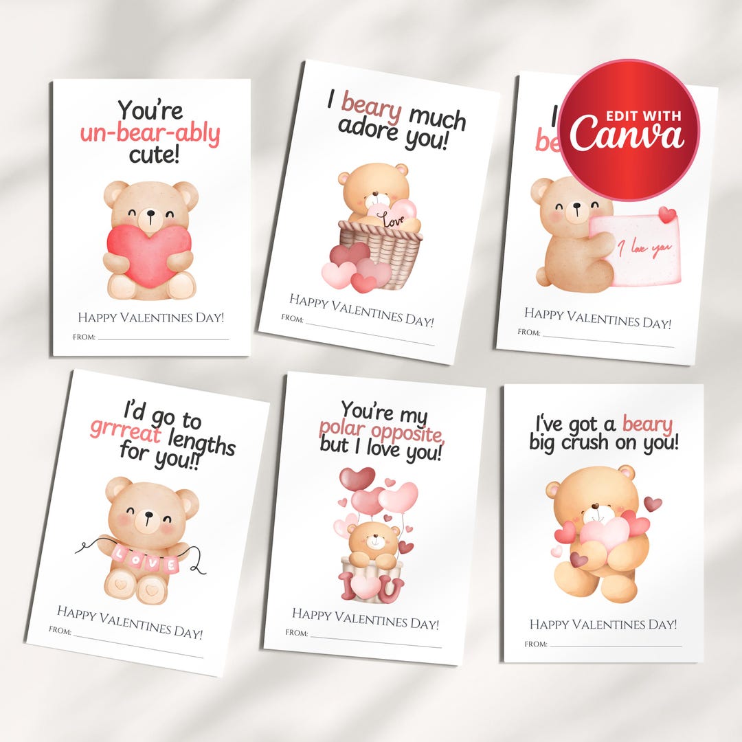 Editable, Printable Bear Valentine's Day Cards, Valentine's Gift Tags ...