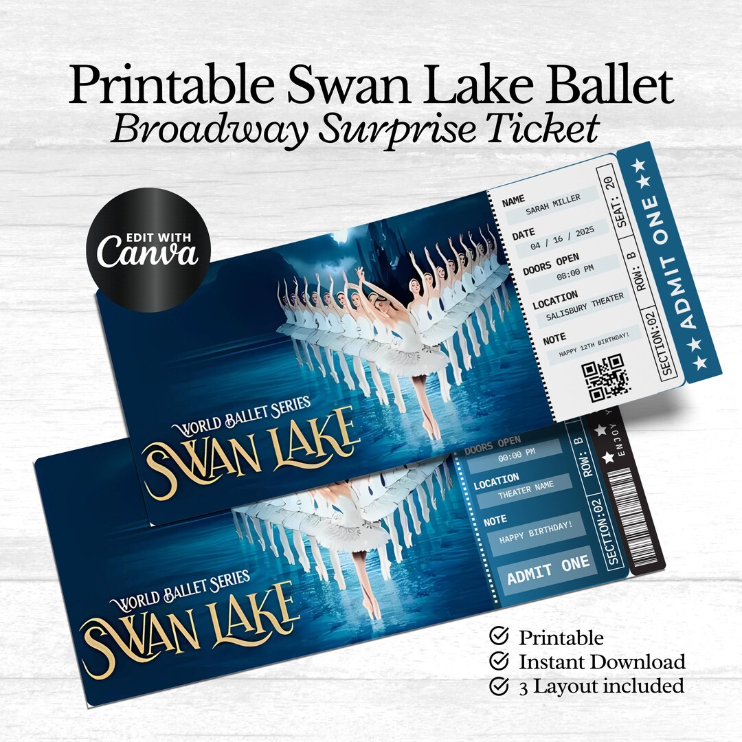 Printable Swan Lake Ballet, Broadway Surprise Ticket, Swan Lake Ballet ...