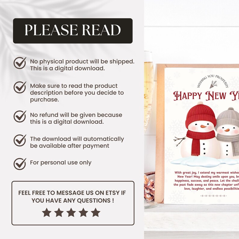 Happy New Year Card, Printable New Year Card, Digital Happy New Year ...