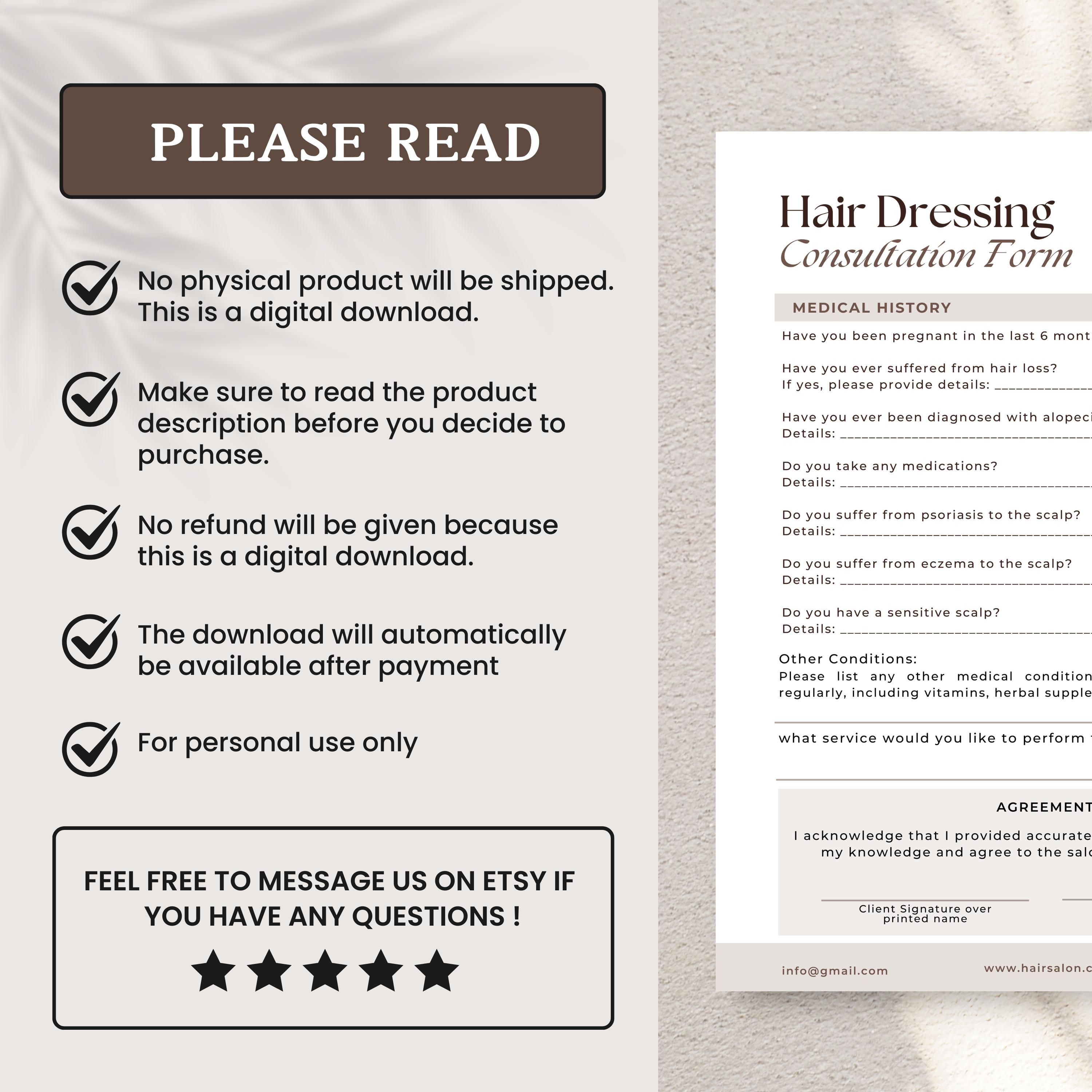 Hairdressing Client Intake Forms Bundle, Editable Hairstyling Informed ...