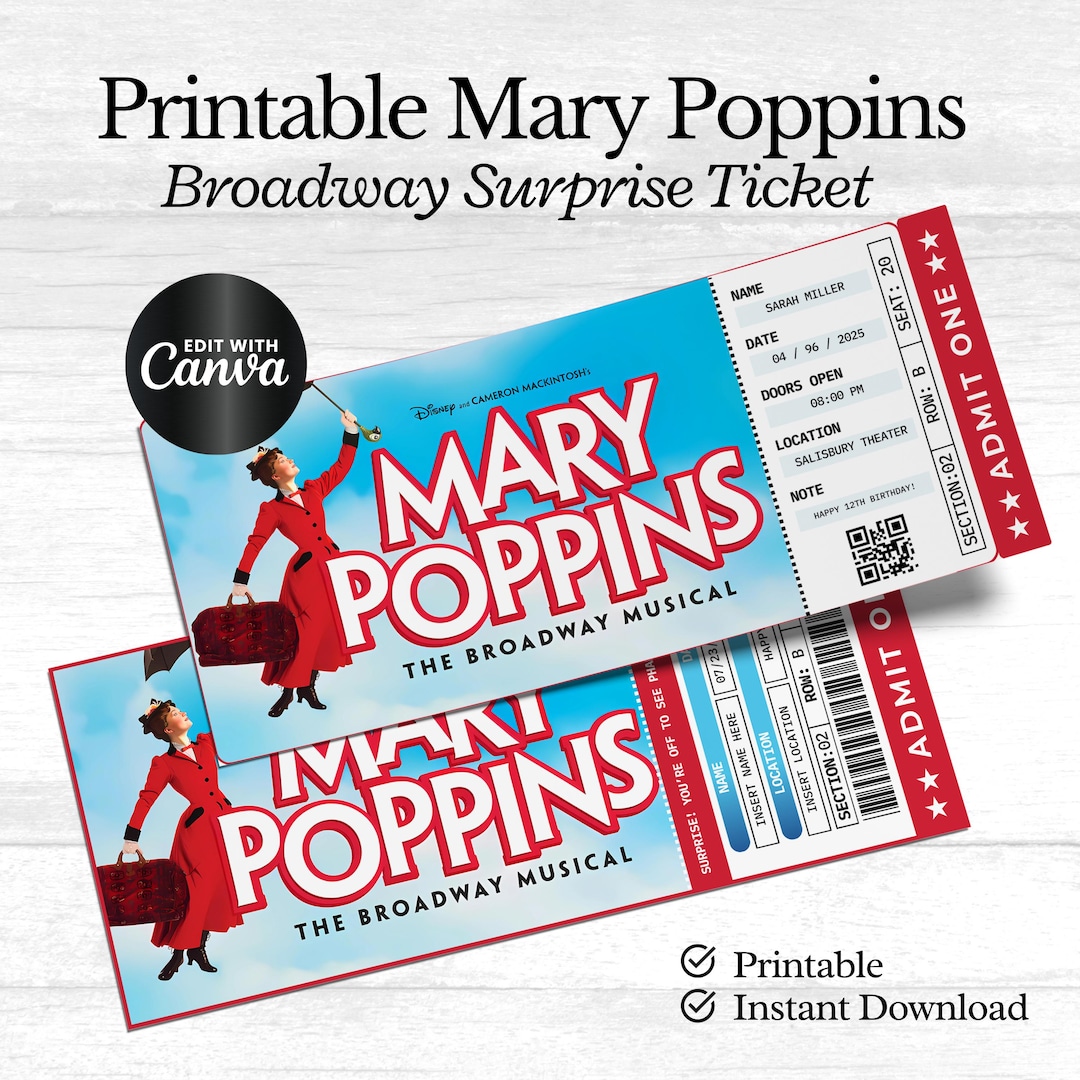 Printable Mary Poppins Musical Theatre Ticket | Personalized Gift ...