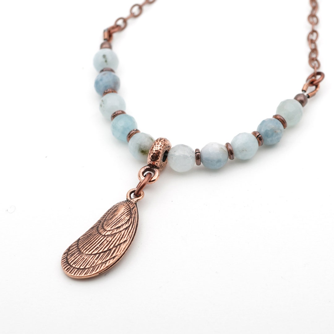 Light Blue Mussel Shell Necklace, Aquamarine Beads and Copper Chain, 21 ...