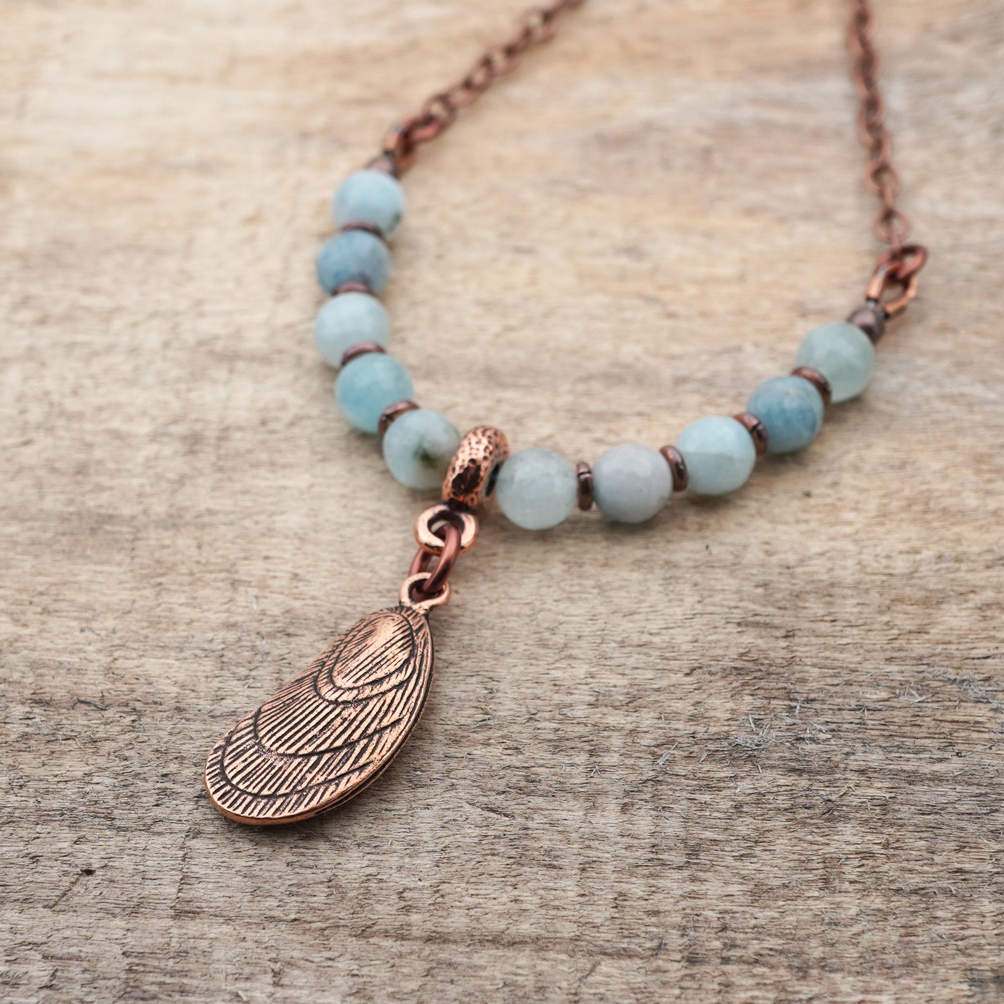 Light blue mussel shell necklace aquamarine beads and copper | Etsy