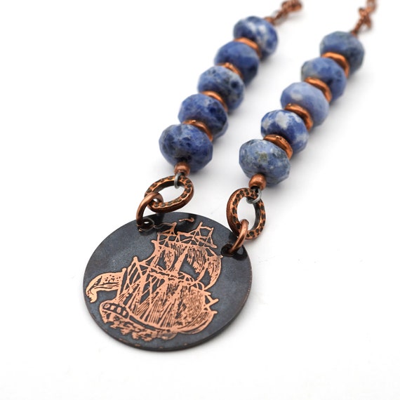 Copper pirate ship necklace with faceted blue and white | Etsy