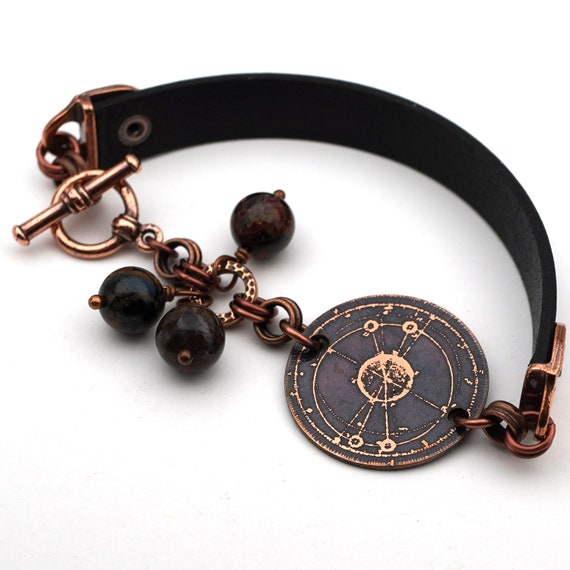 Planet and moons copper and leather bracelet cosmos jewelry | Etsy
