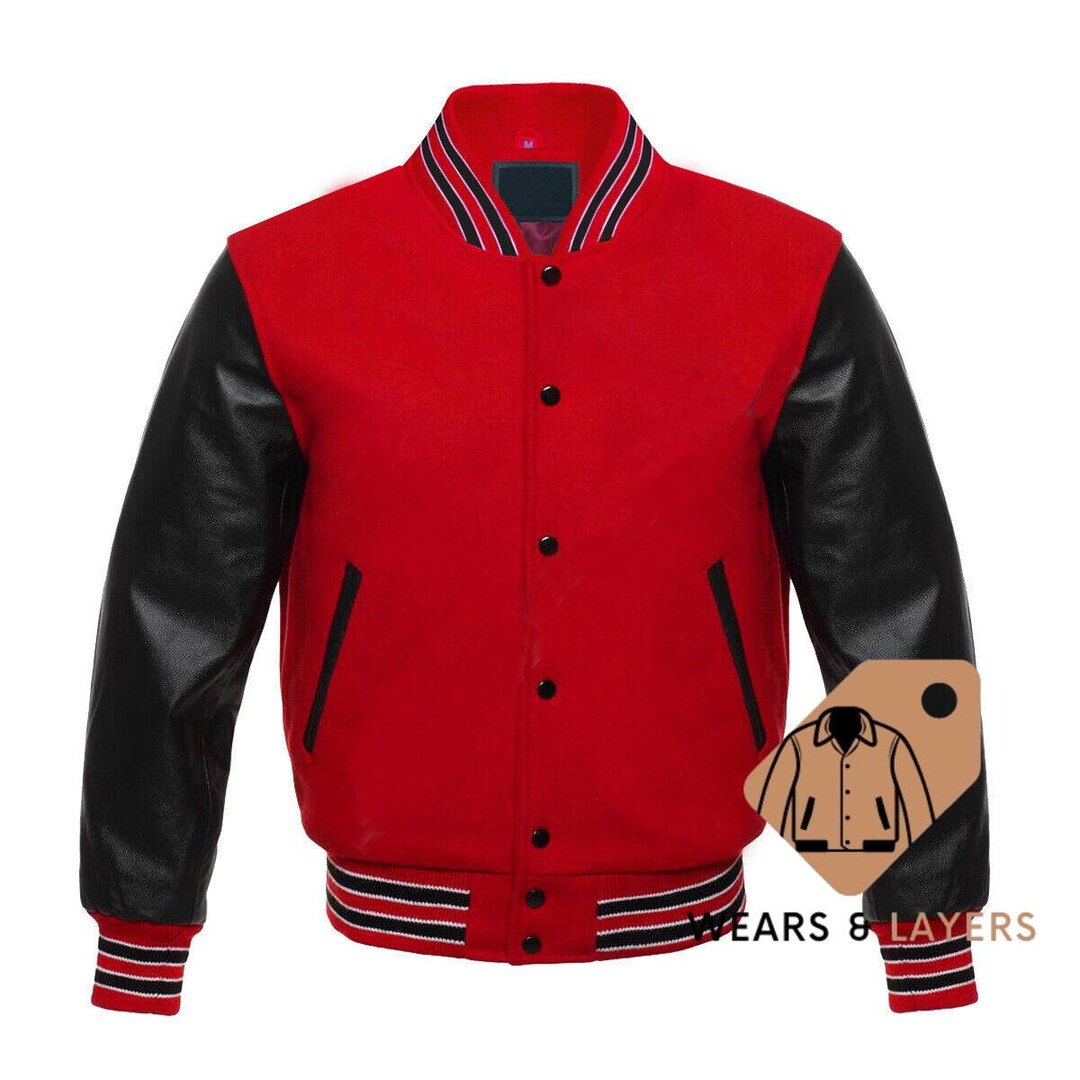 Varsity Letterman Red Wool Black Leather Sleeves Bomber Jacket Baseball ...