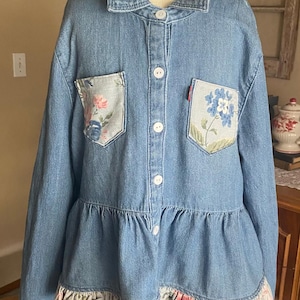 Girls Levi Upcycled Denim Long Sleeves Shirt Boho Altered Art Ruffles ...
