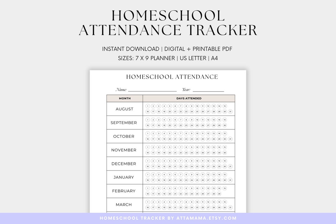 Homeschool Attendance Tracker Log Printable, Attendance Sheet to Keep ...